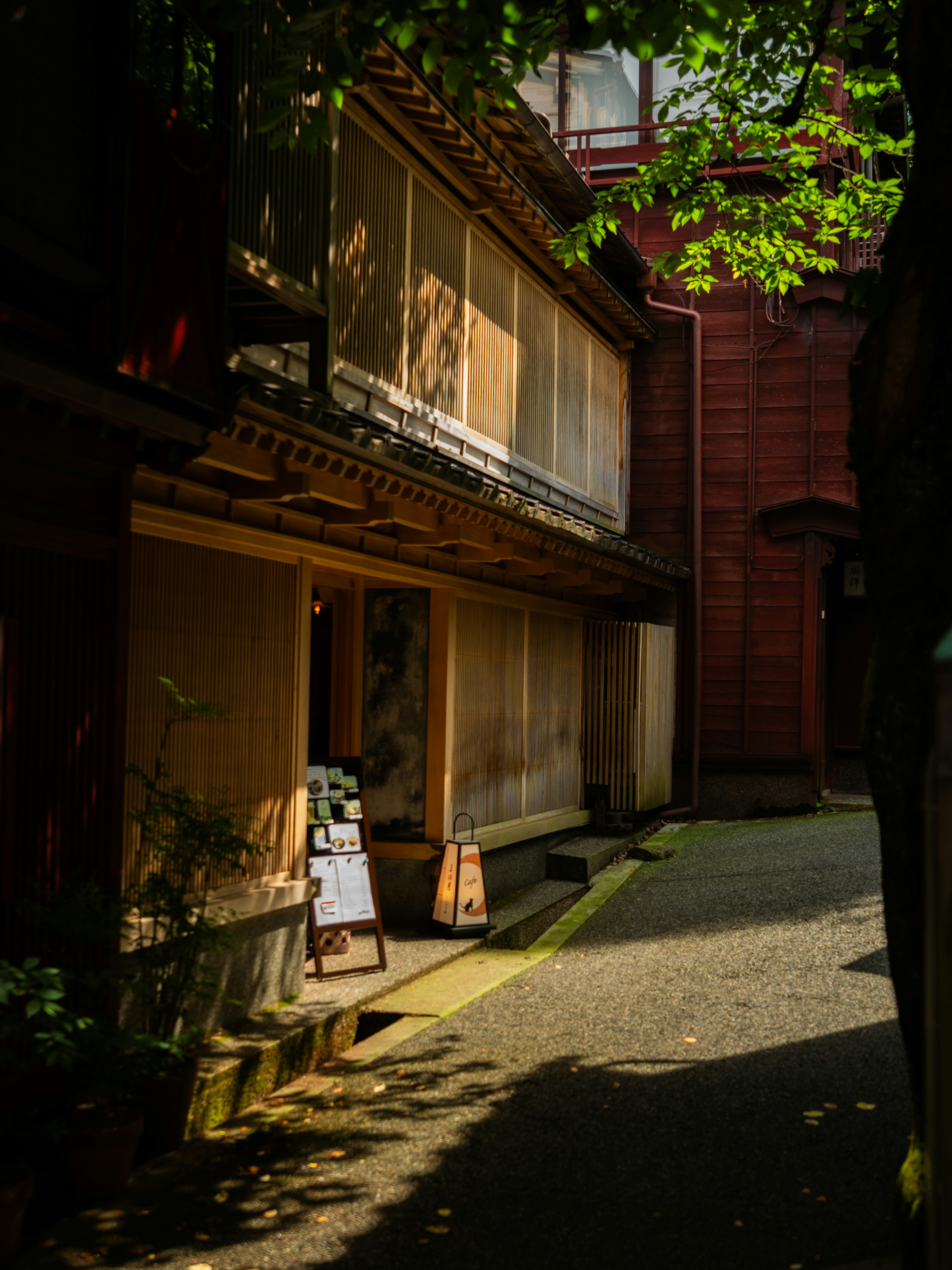 Narrow alleyway with traditional japanese architecture and dappled sunlight.