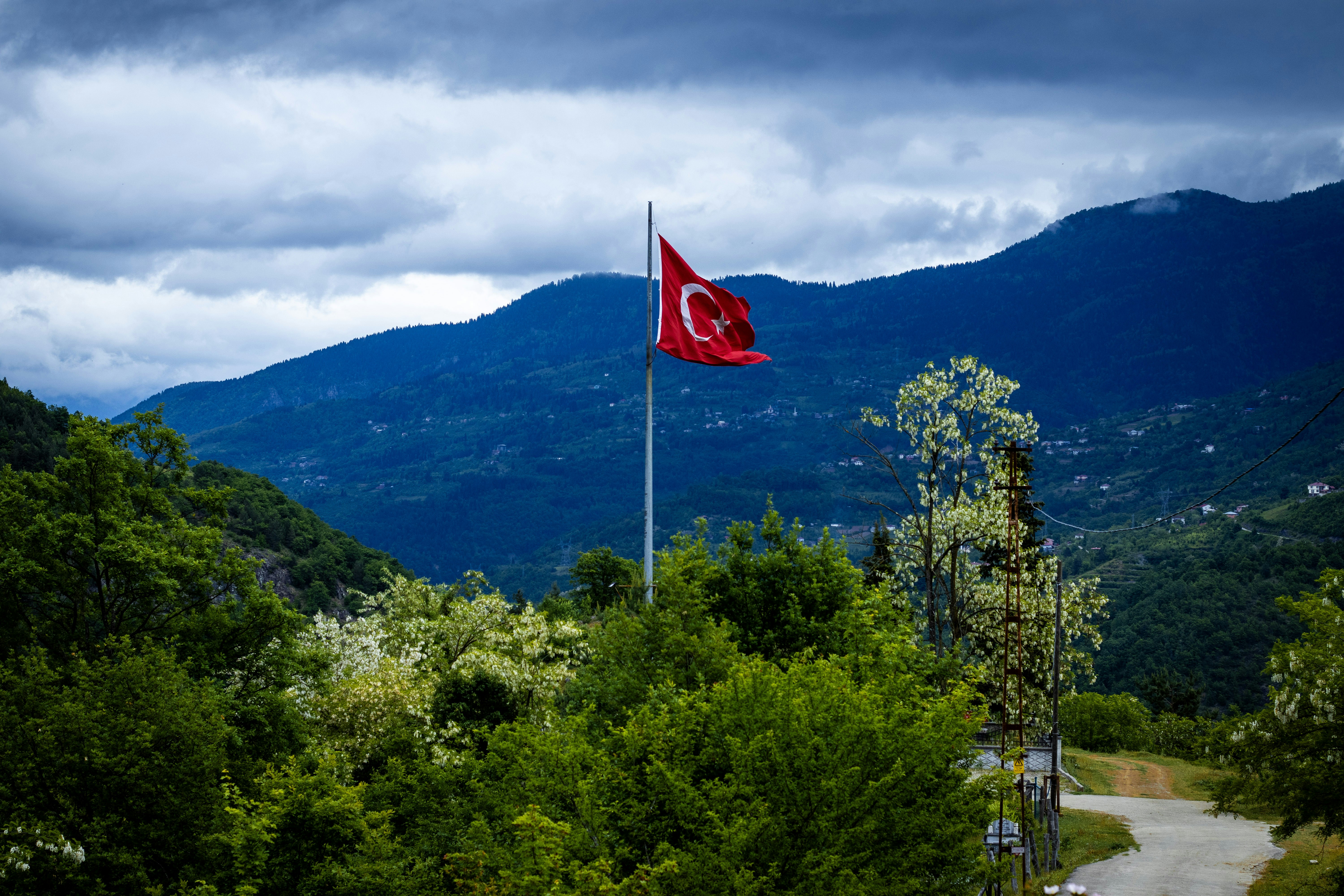Turkish Flag Rising Above Green Hills