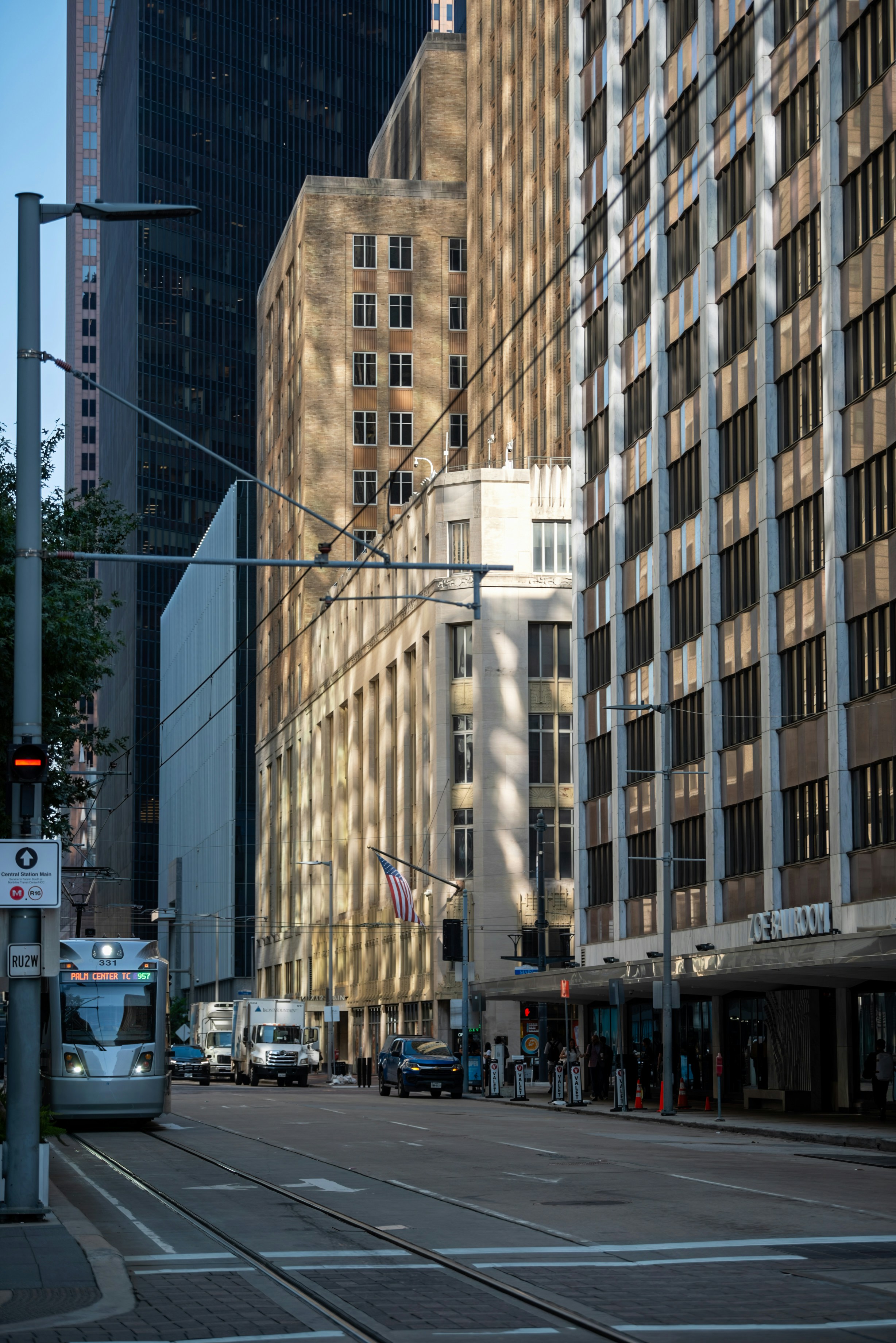 City Tramlines Beneath Towering Windows