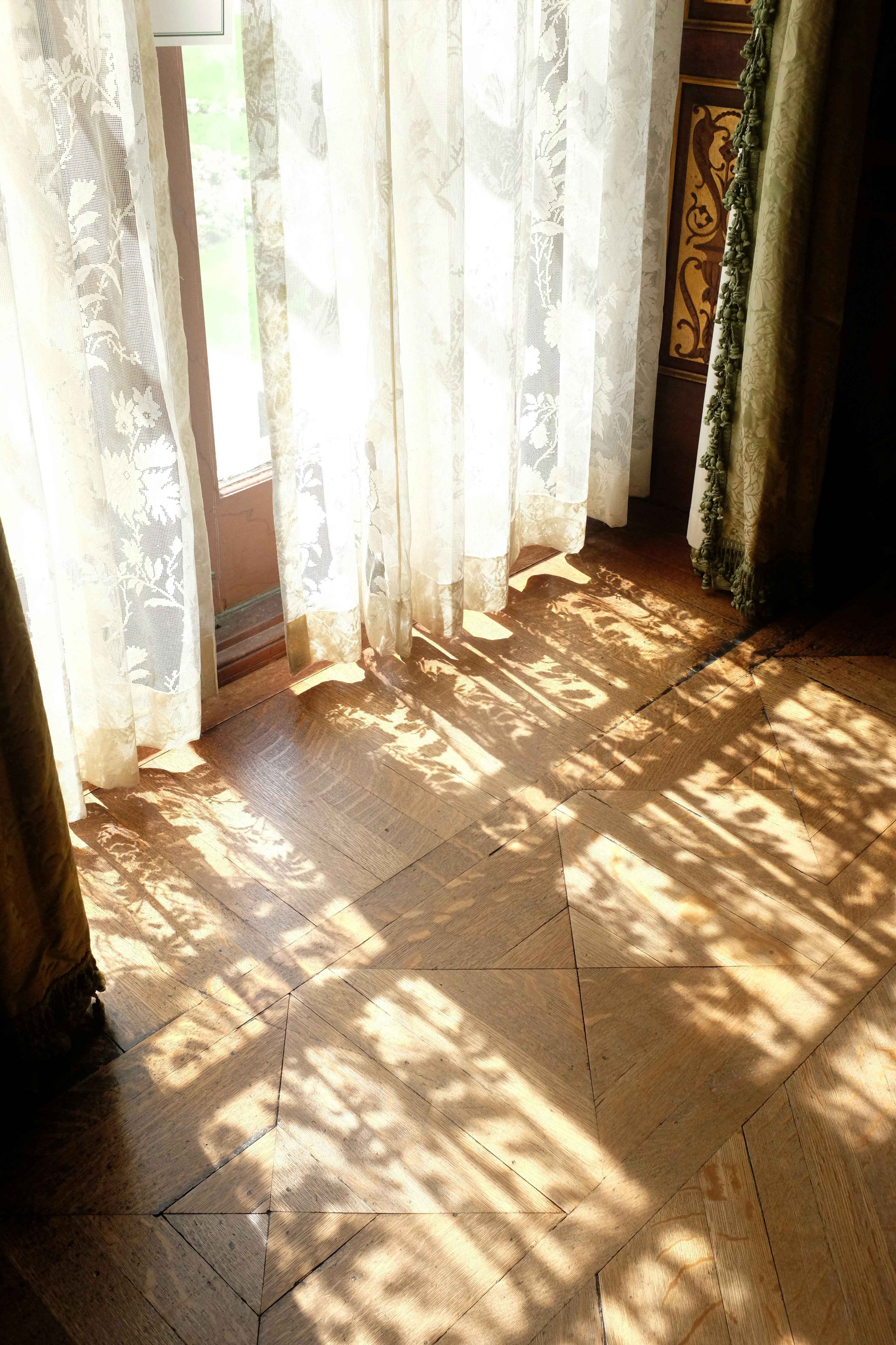 Sunlit lace and shadow: a doorway of patterned light
