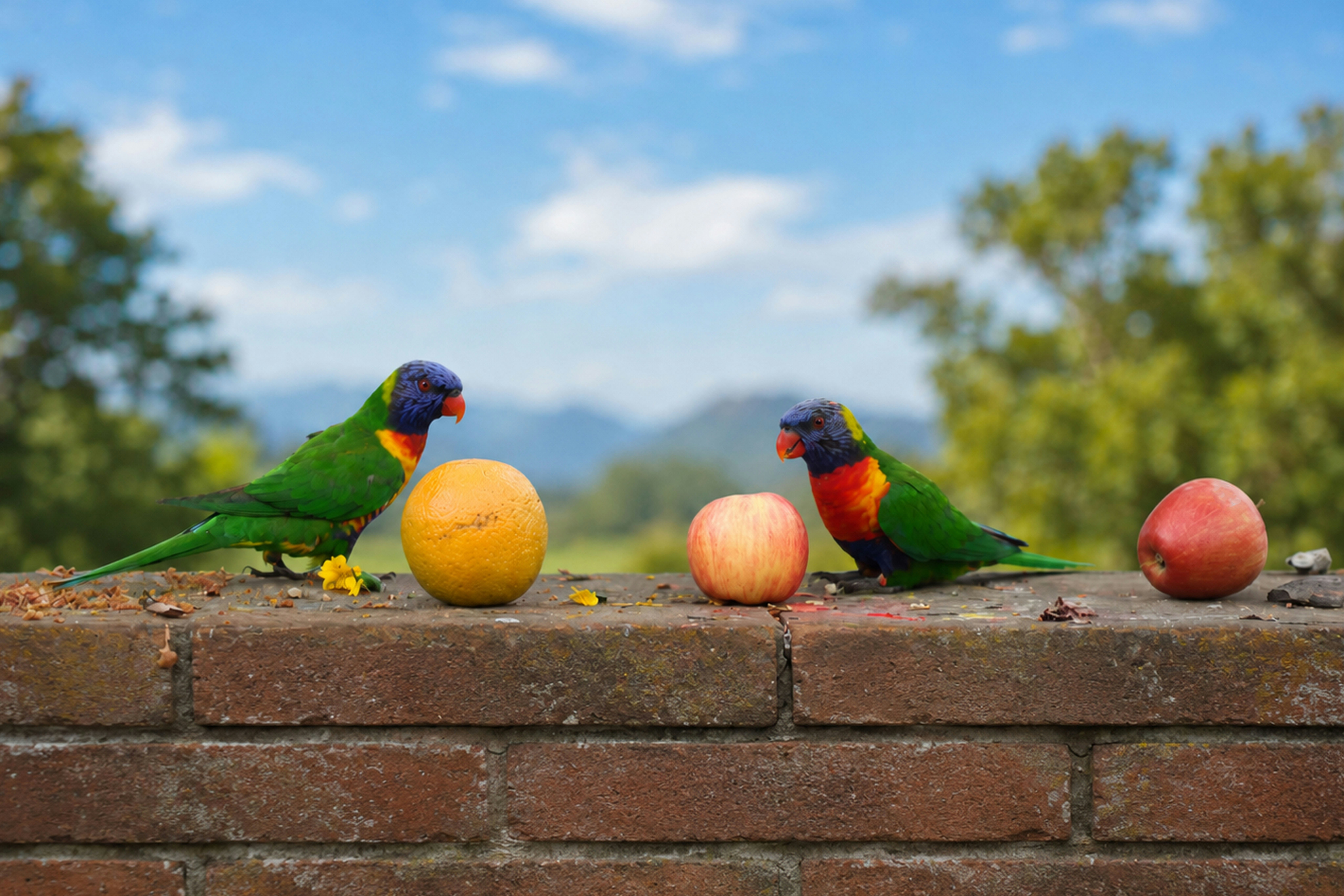 Colorful rainbow lorikeets photographed in Sydney, Australia, sitting on a brick wall with fresh fruit and a soft natural background. Photographer: Rishav Ojha