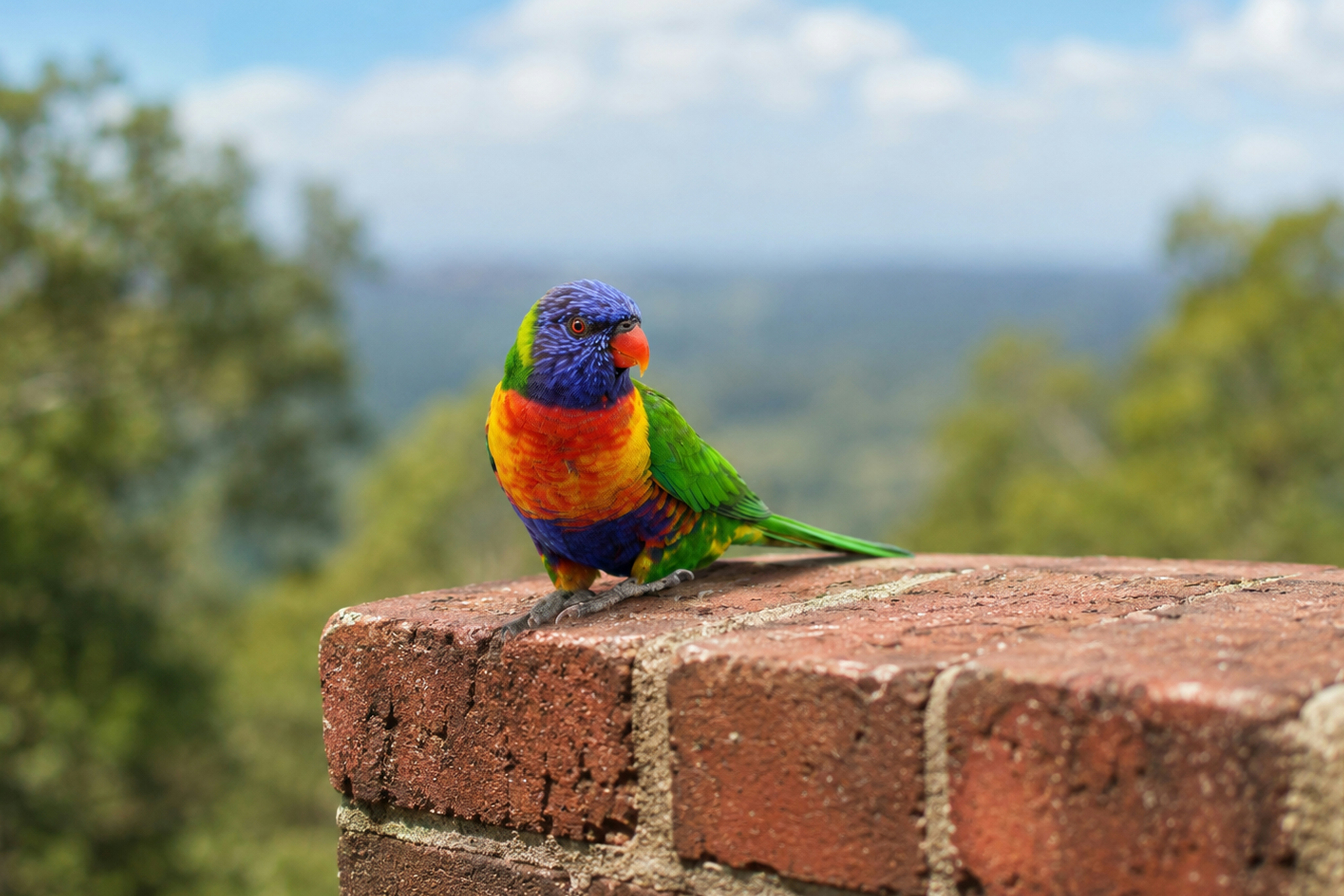 A beautiful rainbow lorikeet captured in Sydney, Australia, showing its vibrant green, blue, orange, and red feathers in natural daylight. Photographer: Rishav Ojha