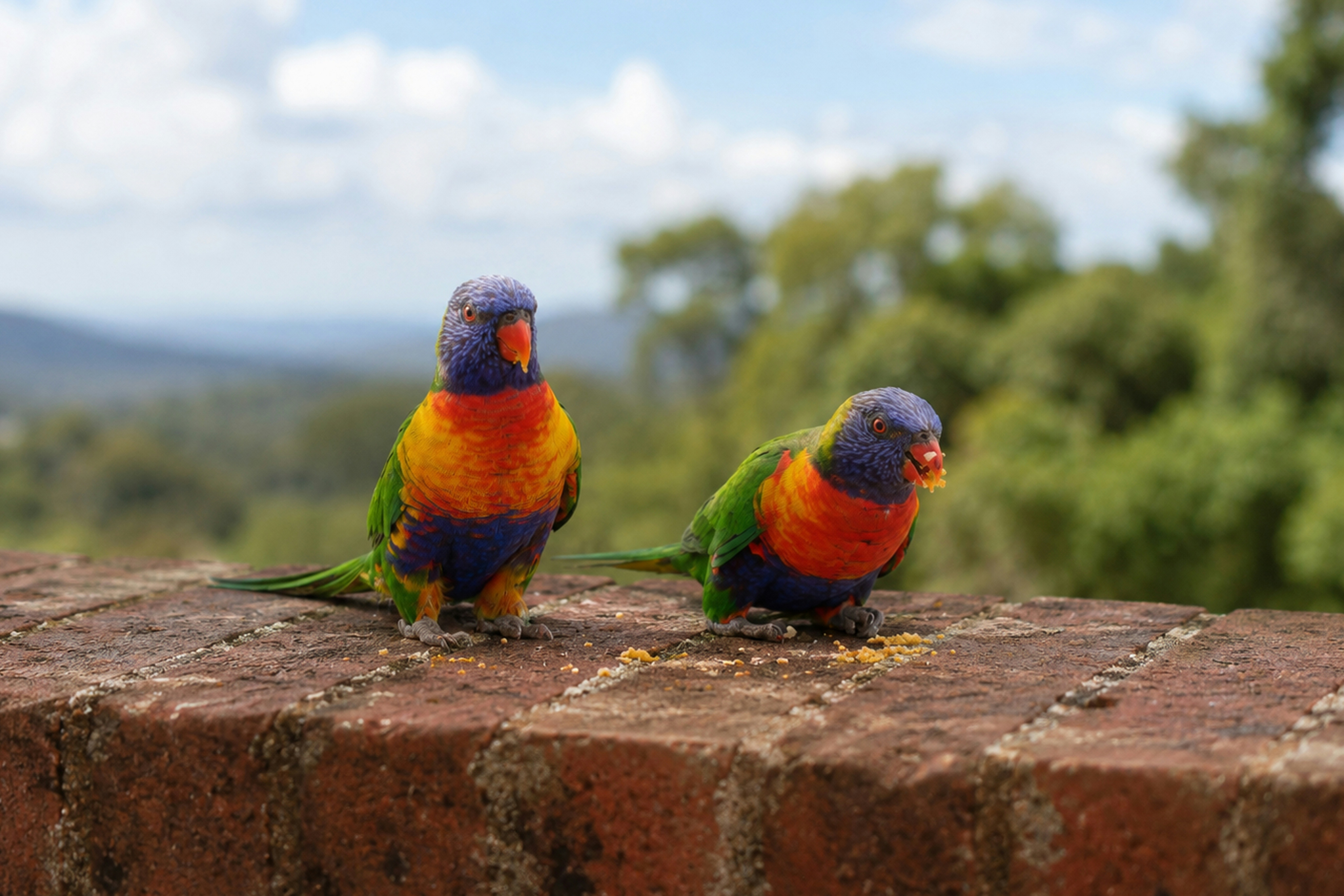 Two Rainbow Lorikeets Rest on a Brick Barrier in a Bright Landscape