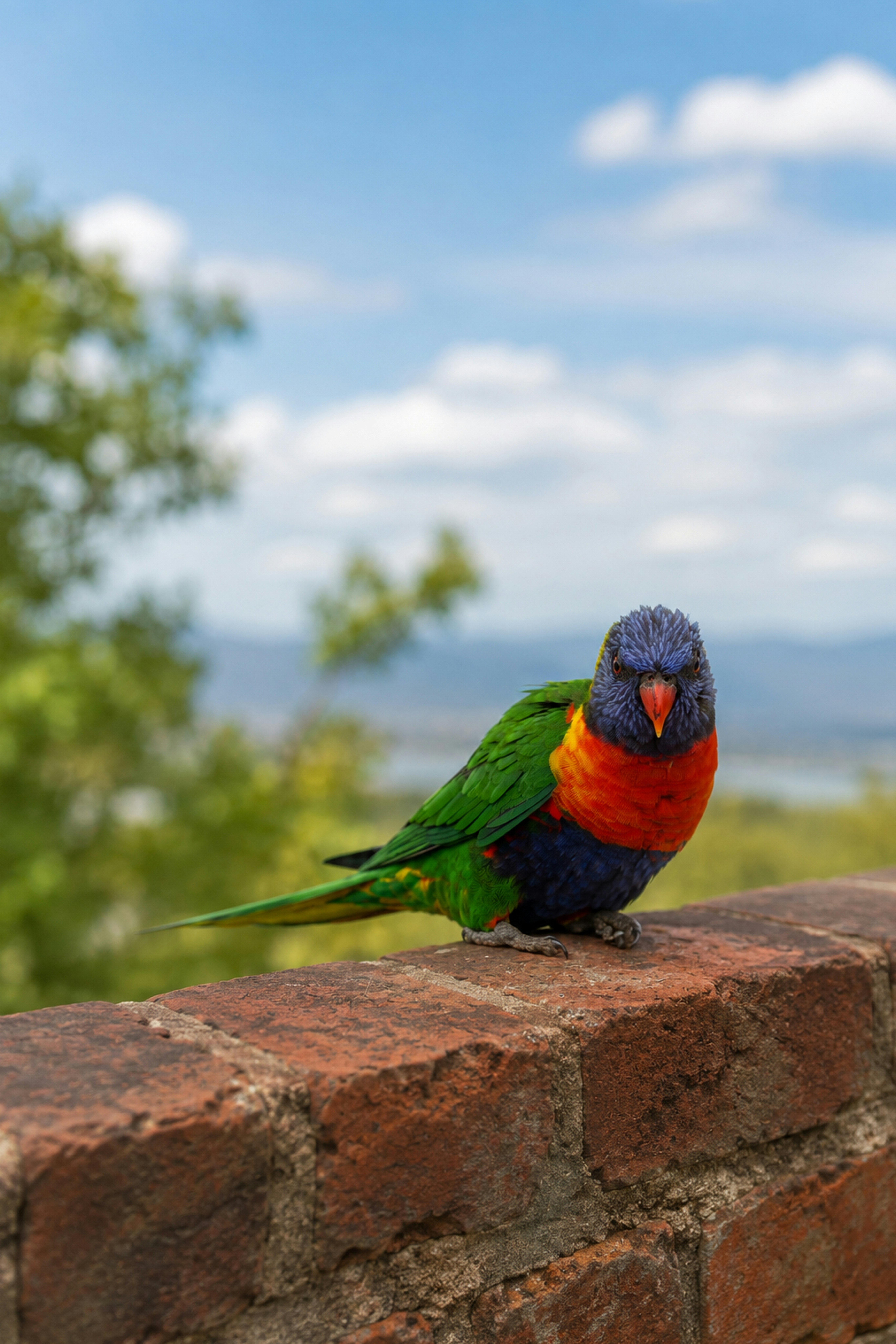 Vivid Kingfisher Perched on Brick Ledge Against Open Sky