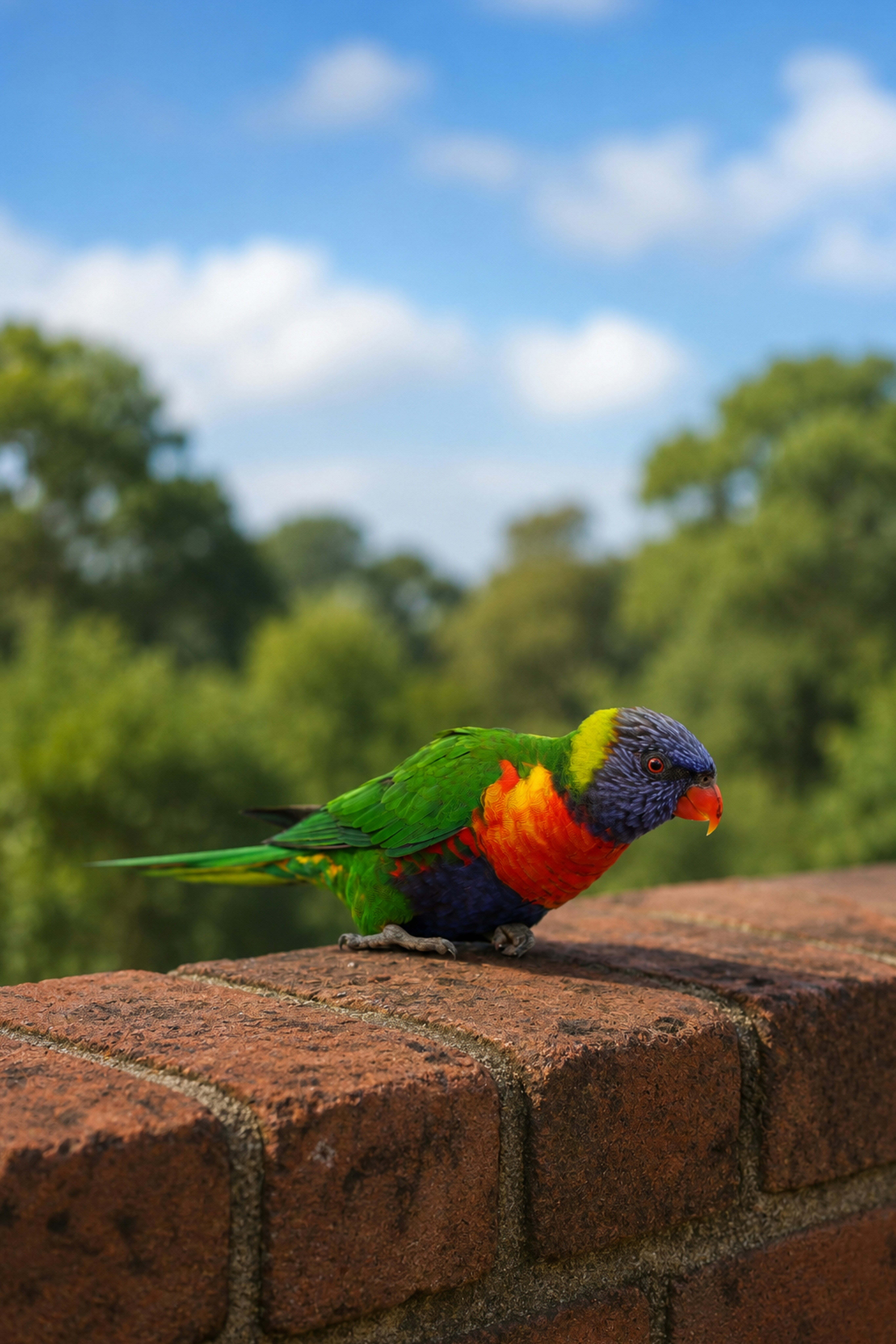 A peaceful outdoor wildlife moment in Sydney, Australia, featuring rainbow lorikeets feeding and resting on a brick wall under natural light. Photographer: Rishav Ojha