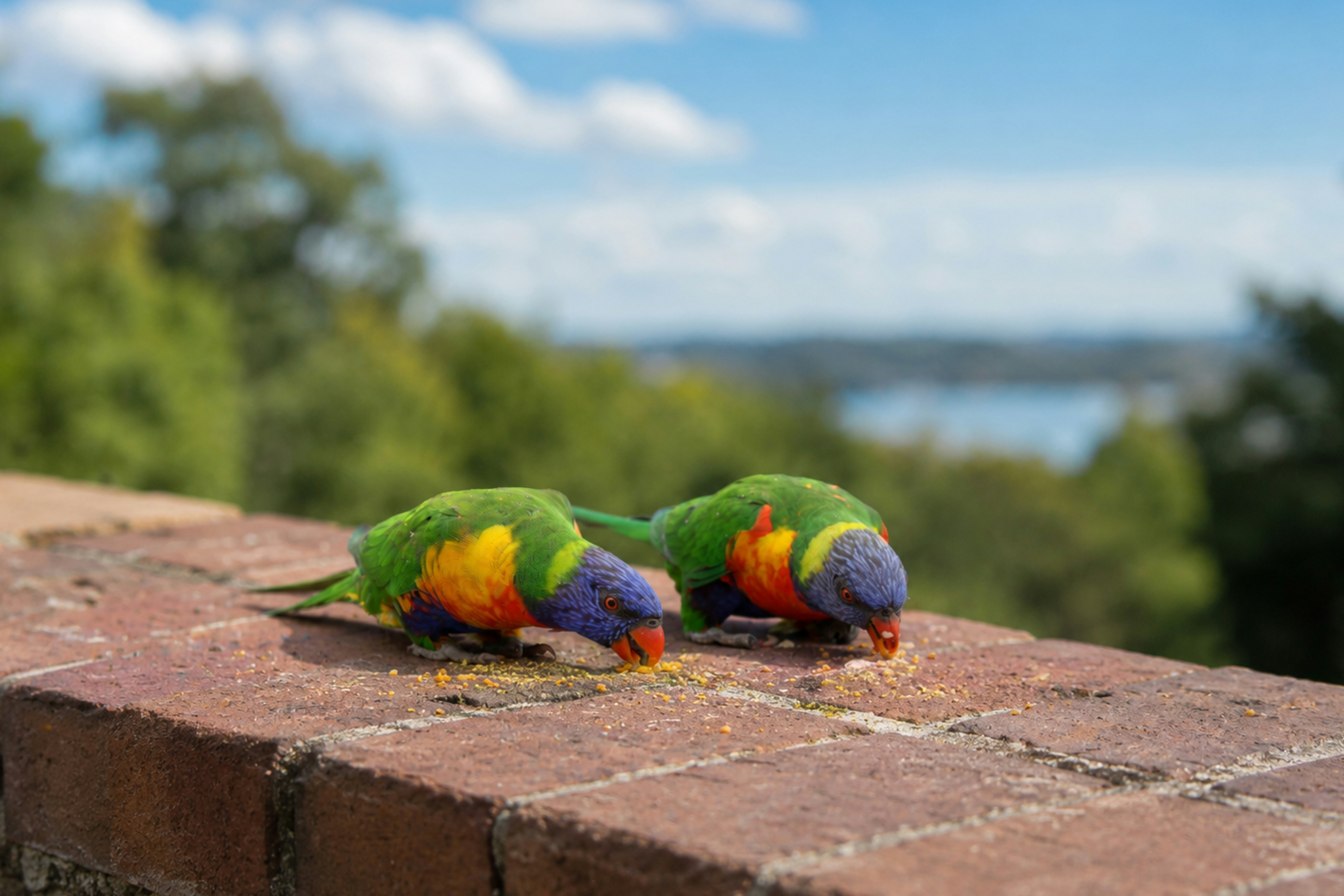 A close-up wildlife photo of a rainbow lorikeet resting on a brick wall in Sydney, with a soft blue sky and blurred nature background. Photographer: Rishav Ojha