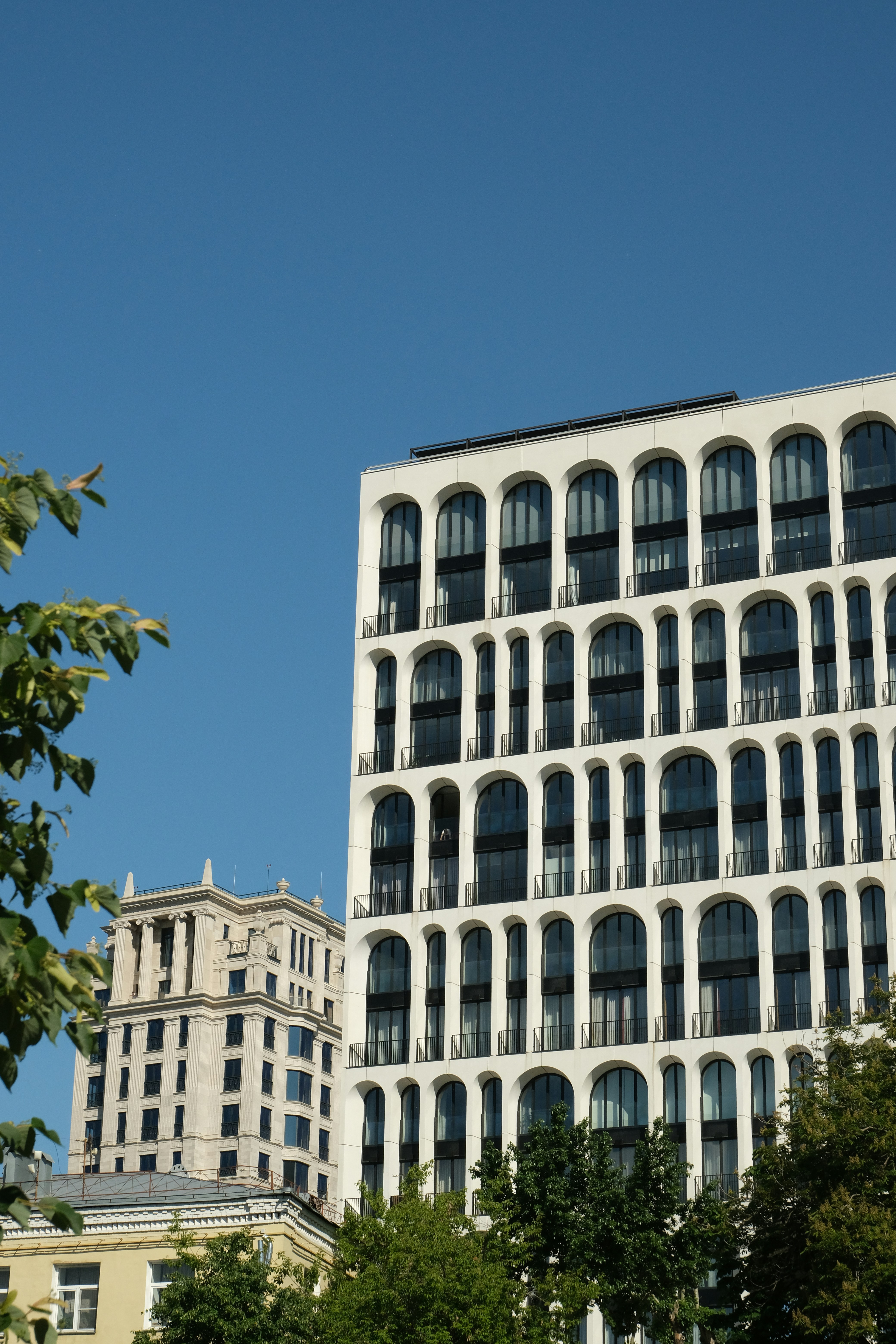 Architectural Harmony: A Modern Facade Framed by Vintage Edges