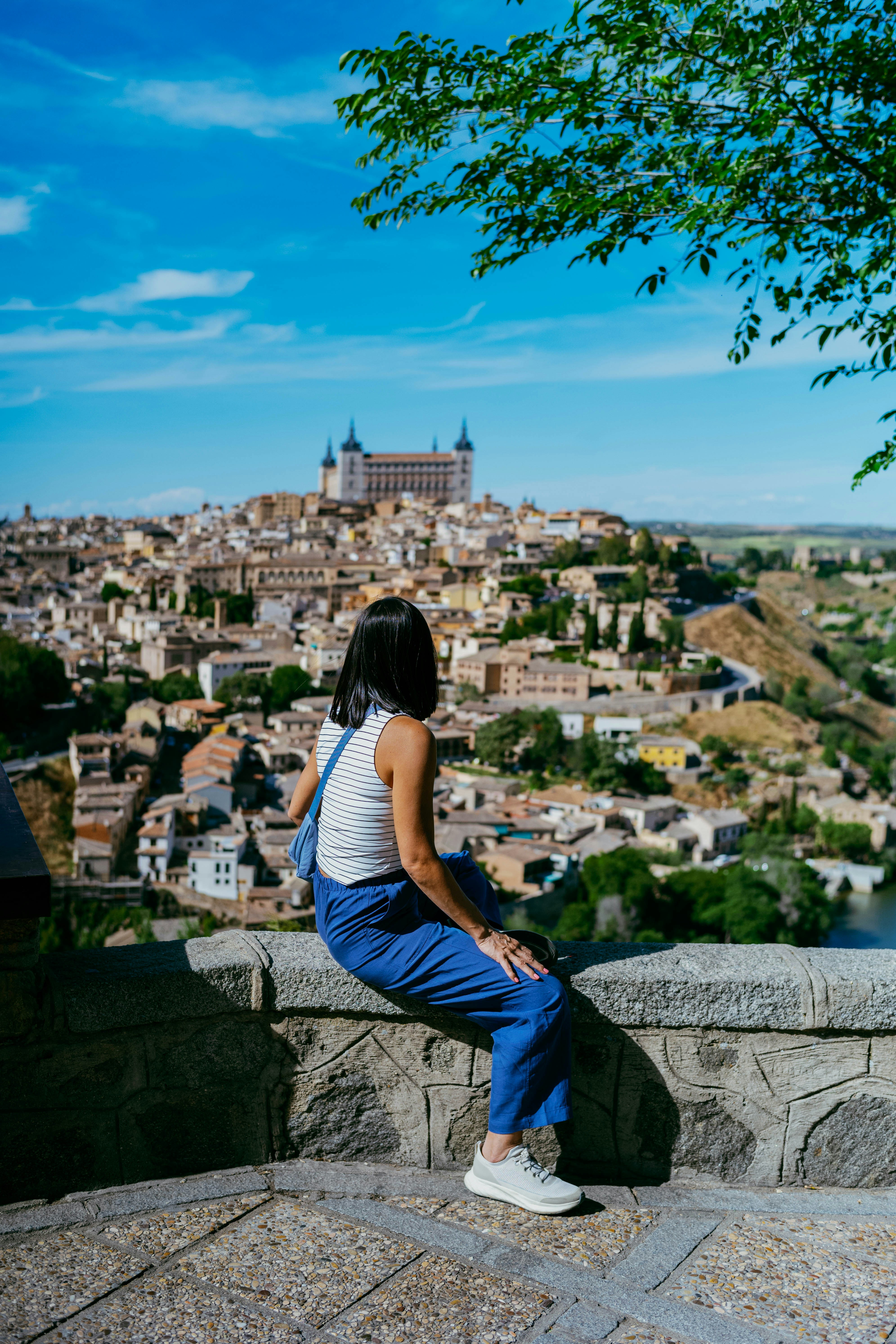 Woman views historic city skyline from a stone wall.