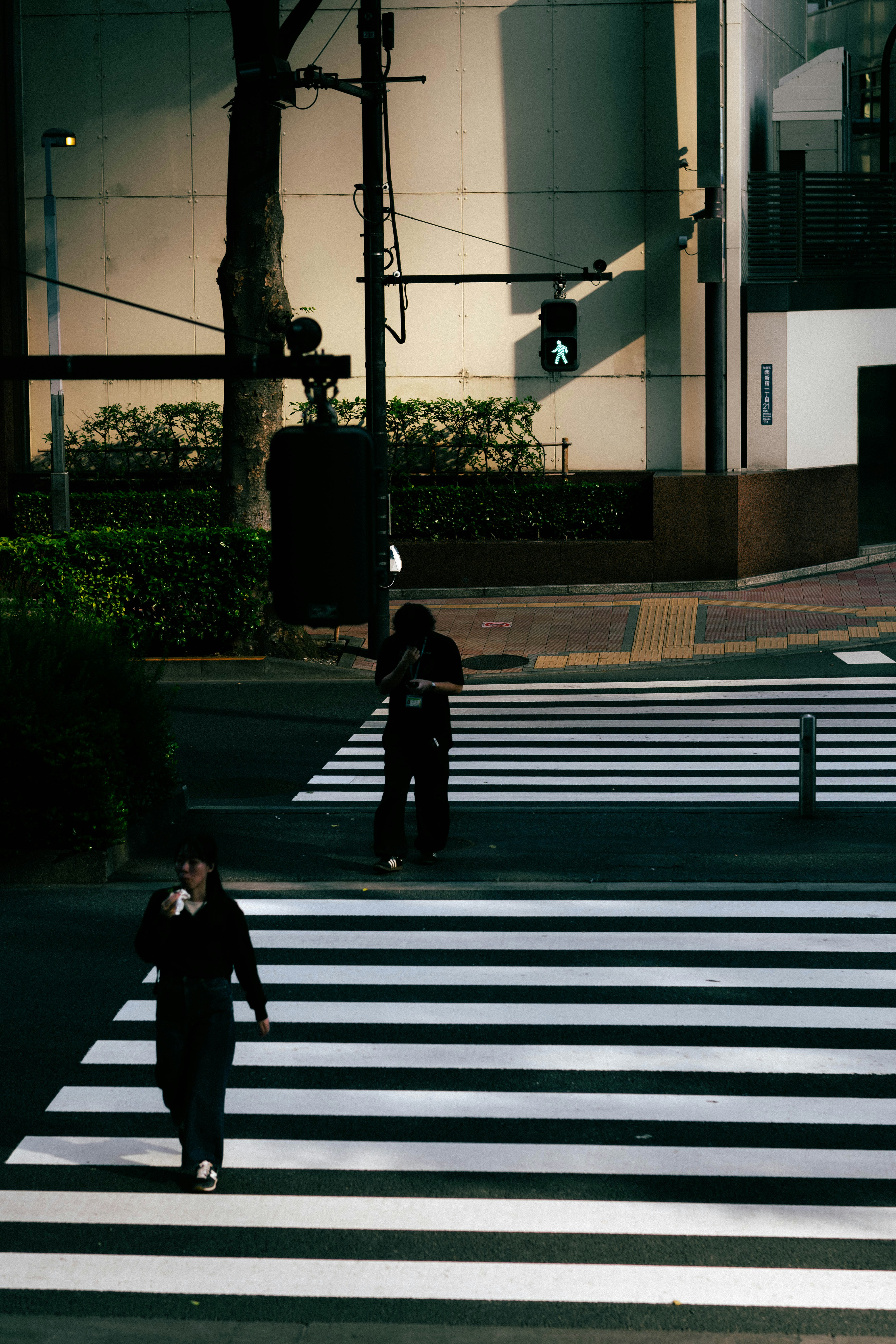 Crosswalk Silence: Figures Step into the Night at a Busy Corner