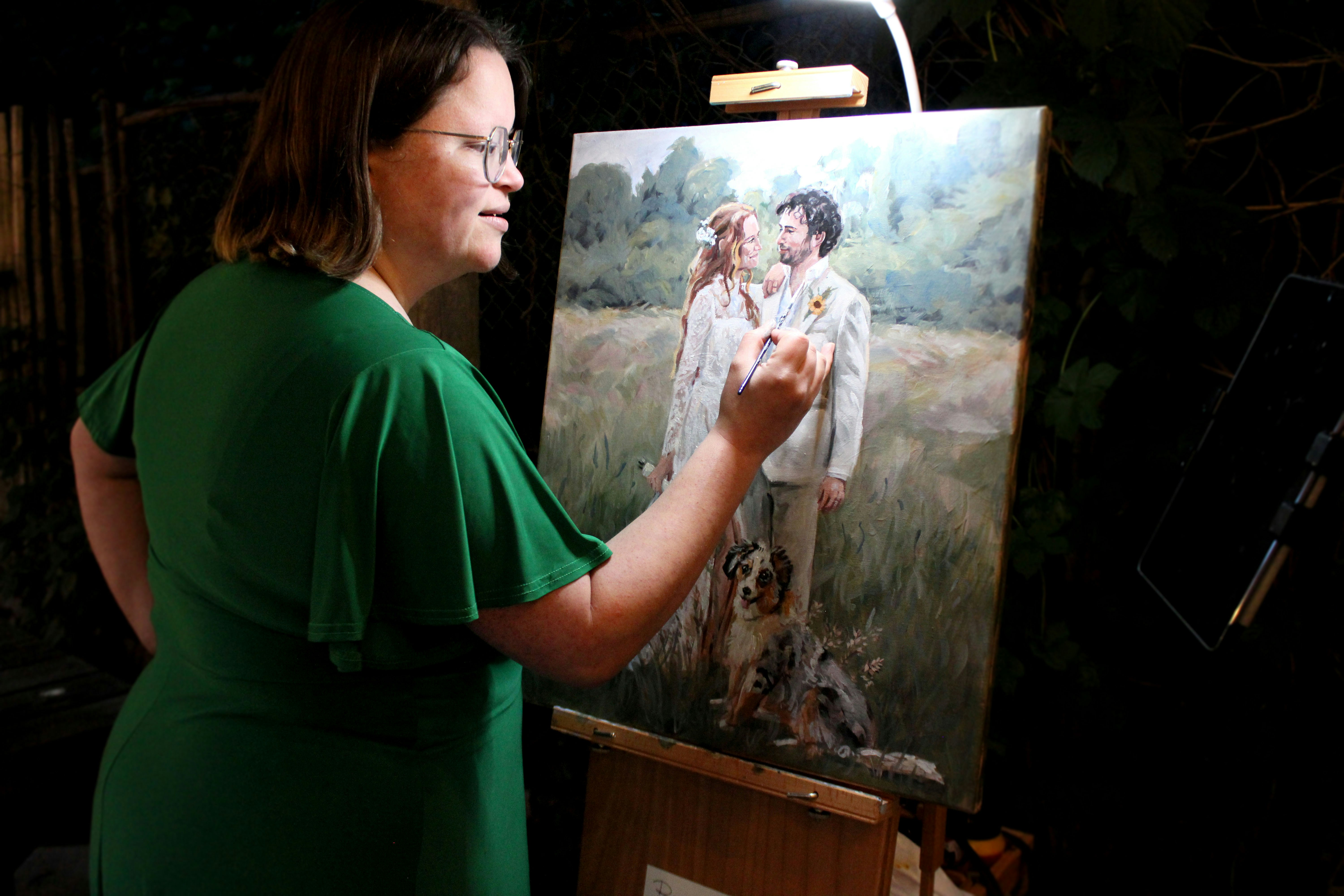 Brushstrokes at Dusk: The Artist in Green Beside Her Portrait