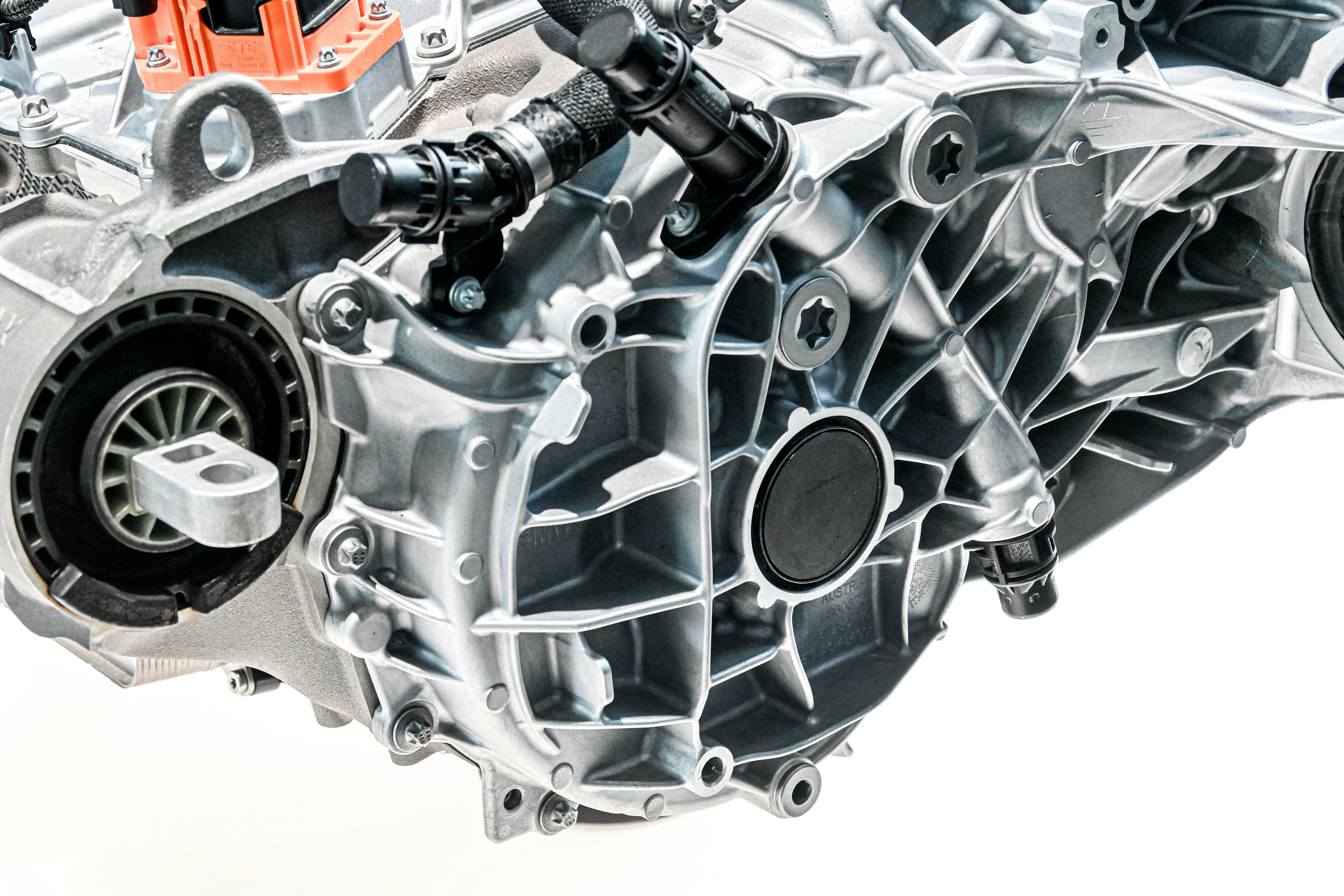 Detailed view of a complex metallic engine component.