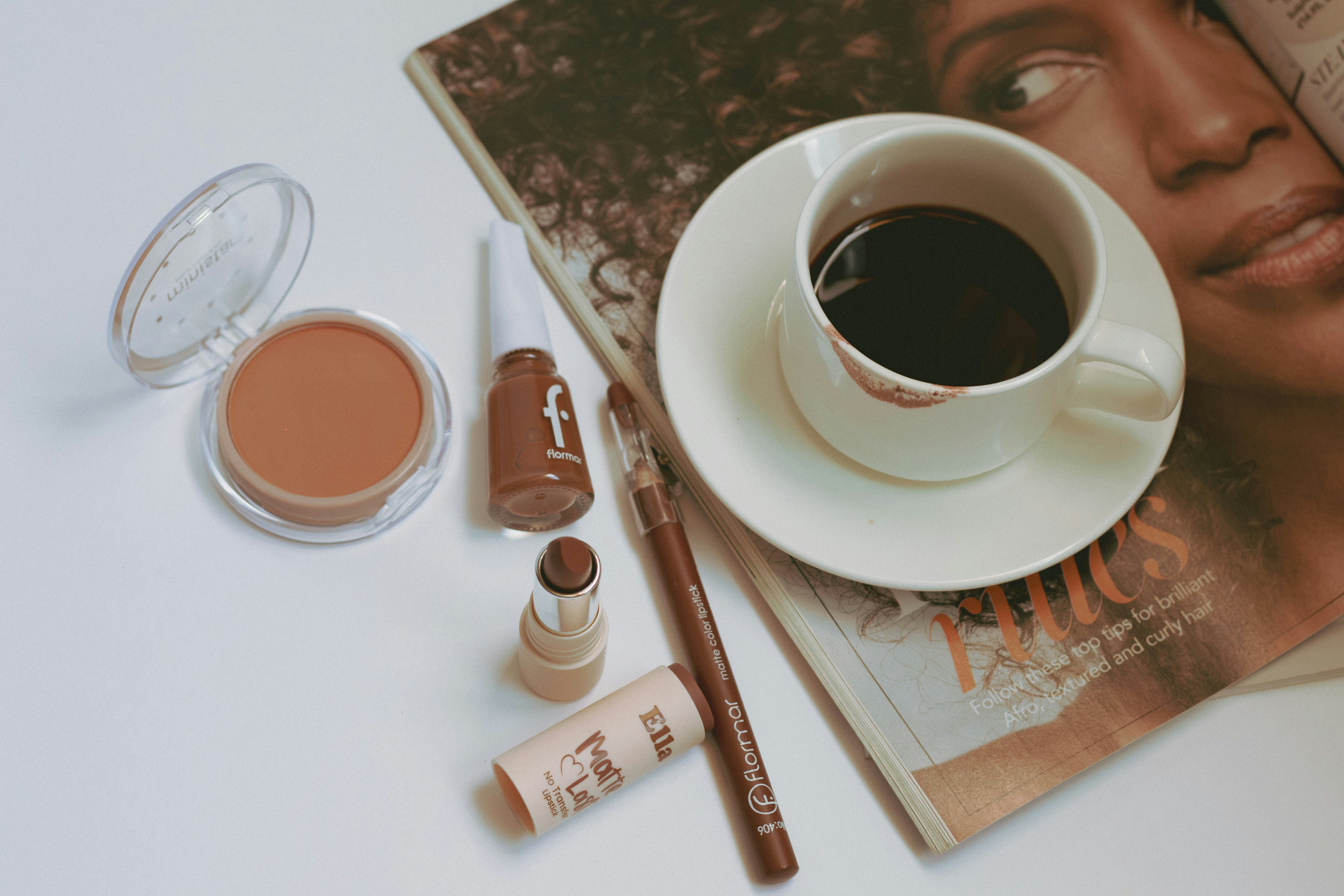 Cosmetic Essentials Await: Coffee, Lipstick, and a Magazine Moment