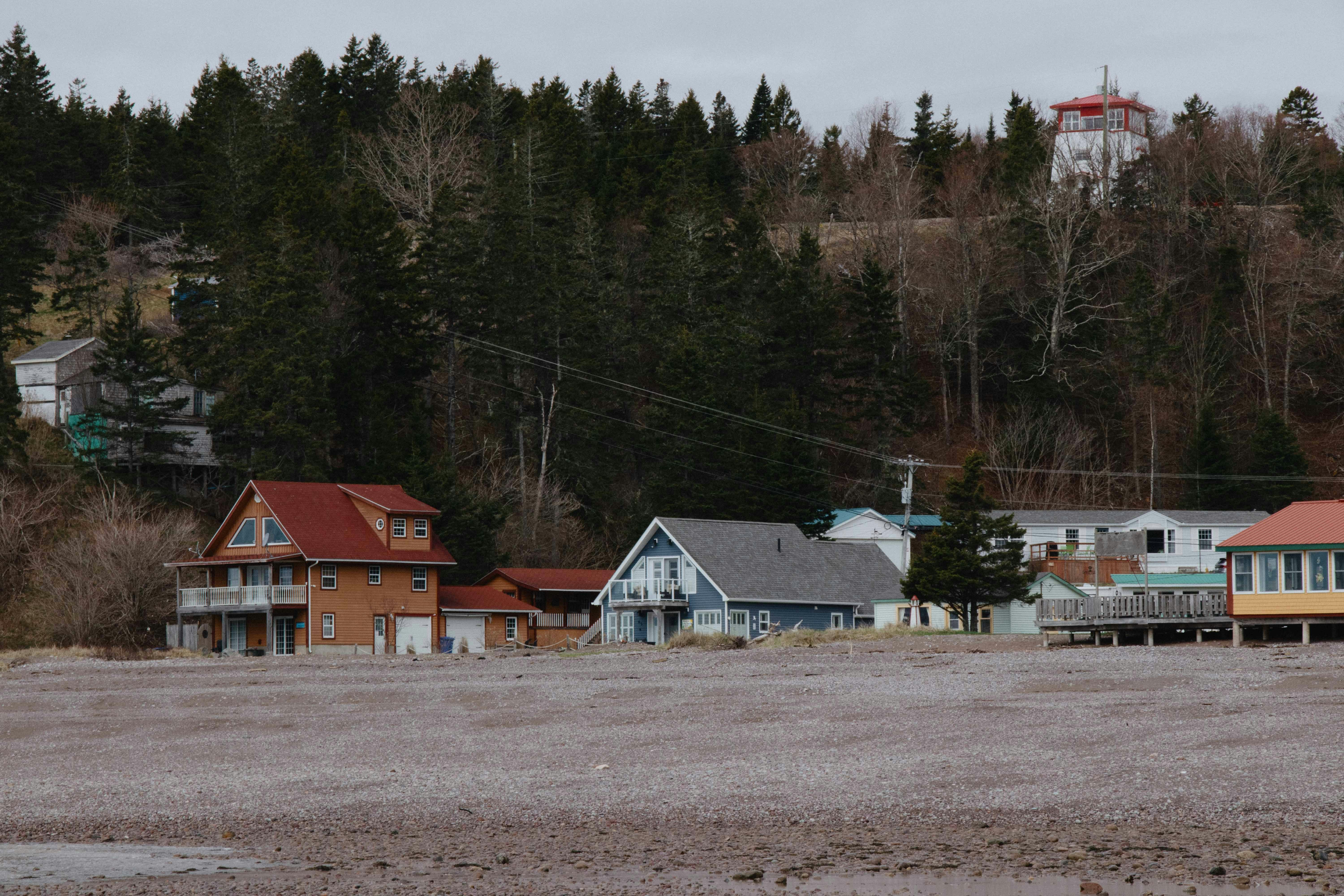 Row of seaside cottages at the edge of a gravel shore with a forest backdrop