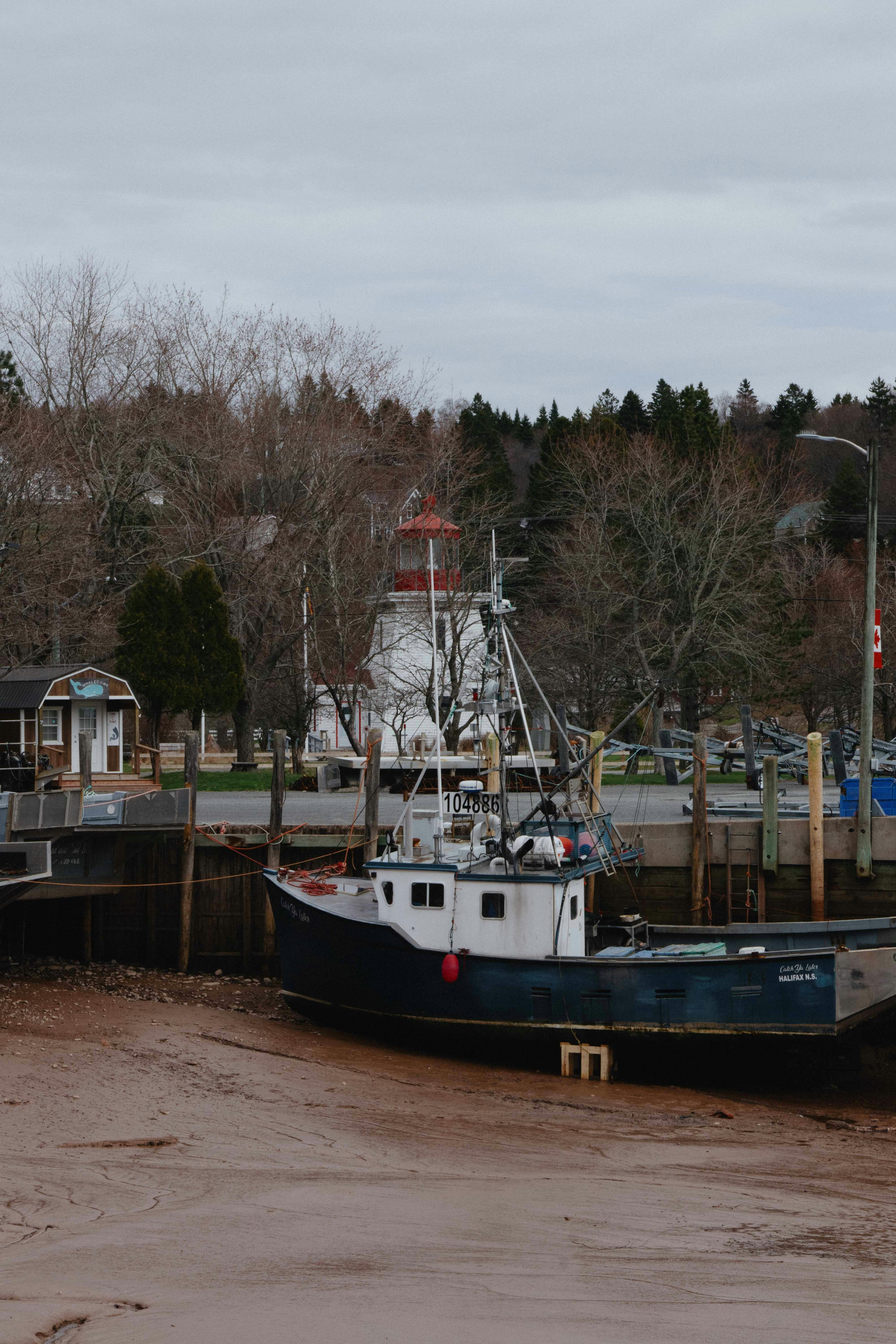 Harbor Vessel at Low Tide Under Winter Sky