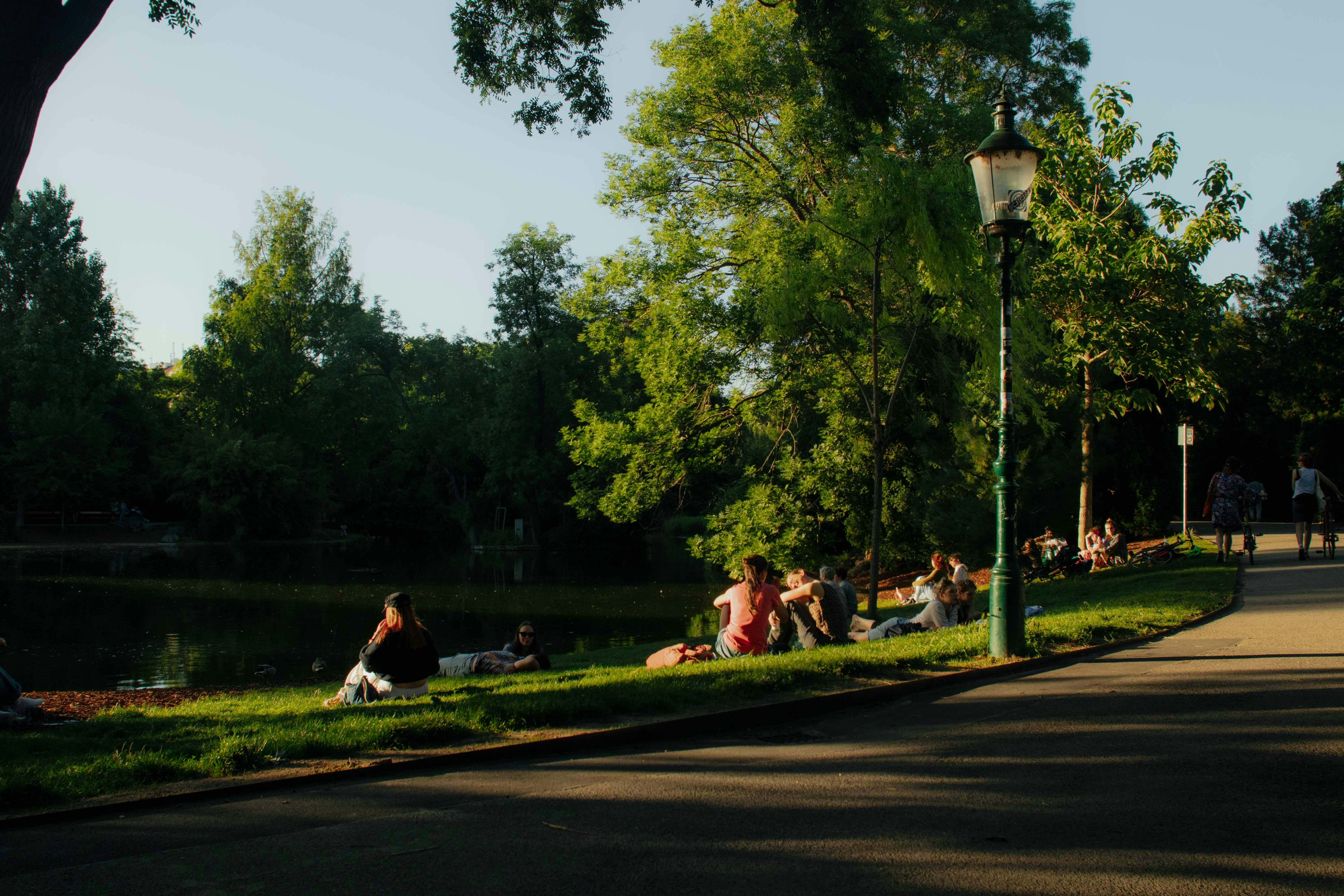 Sunlit Riverside: People Relax by the Park Lake under a Lanterned Path