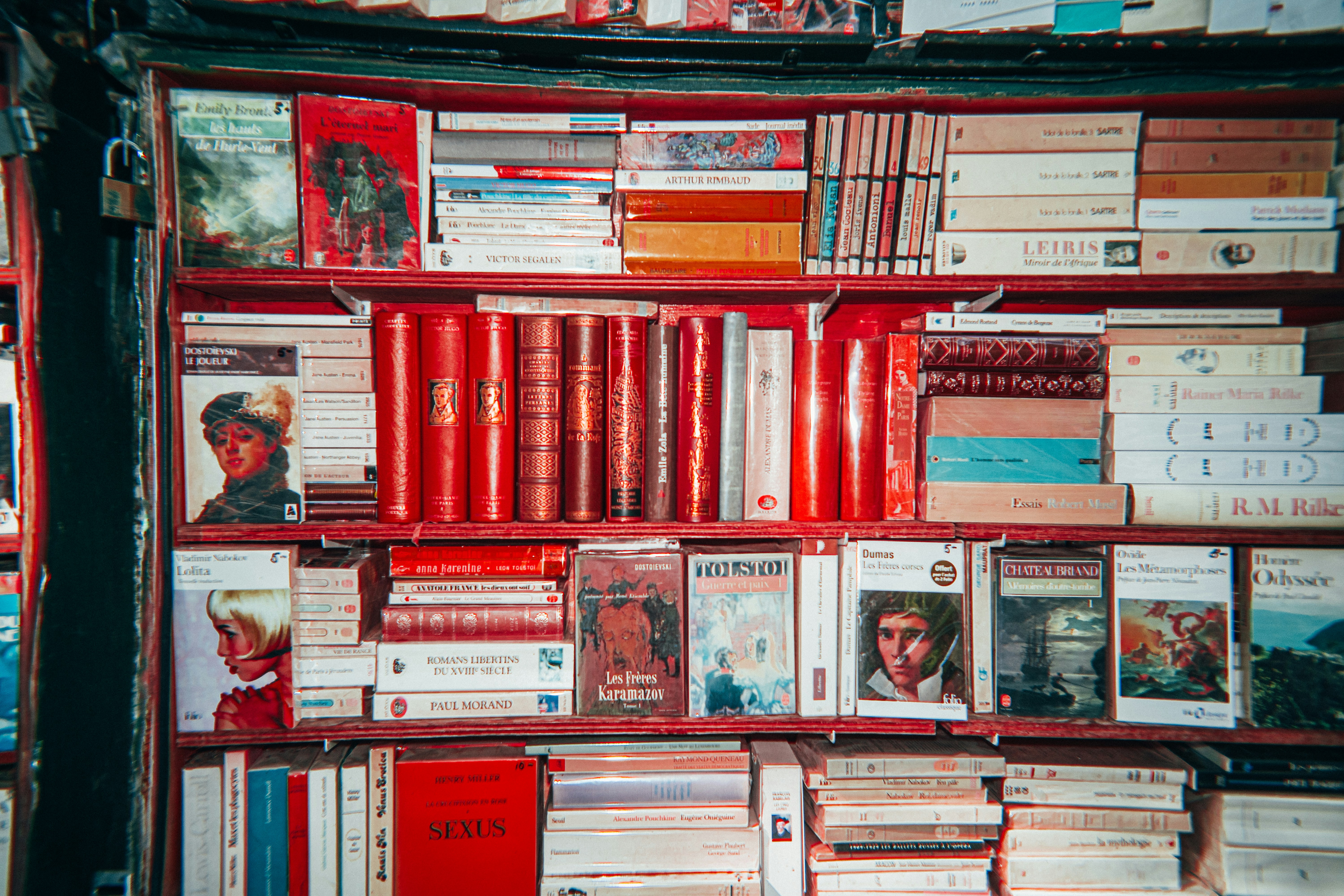 Bookshelves packed with various books, some with red spines.