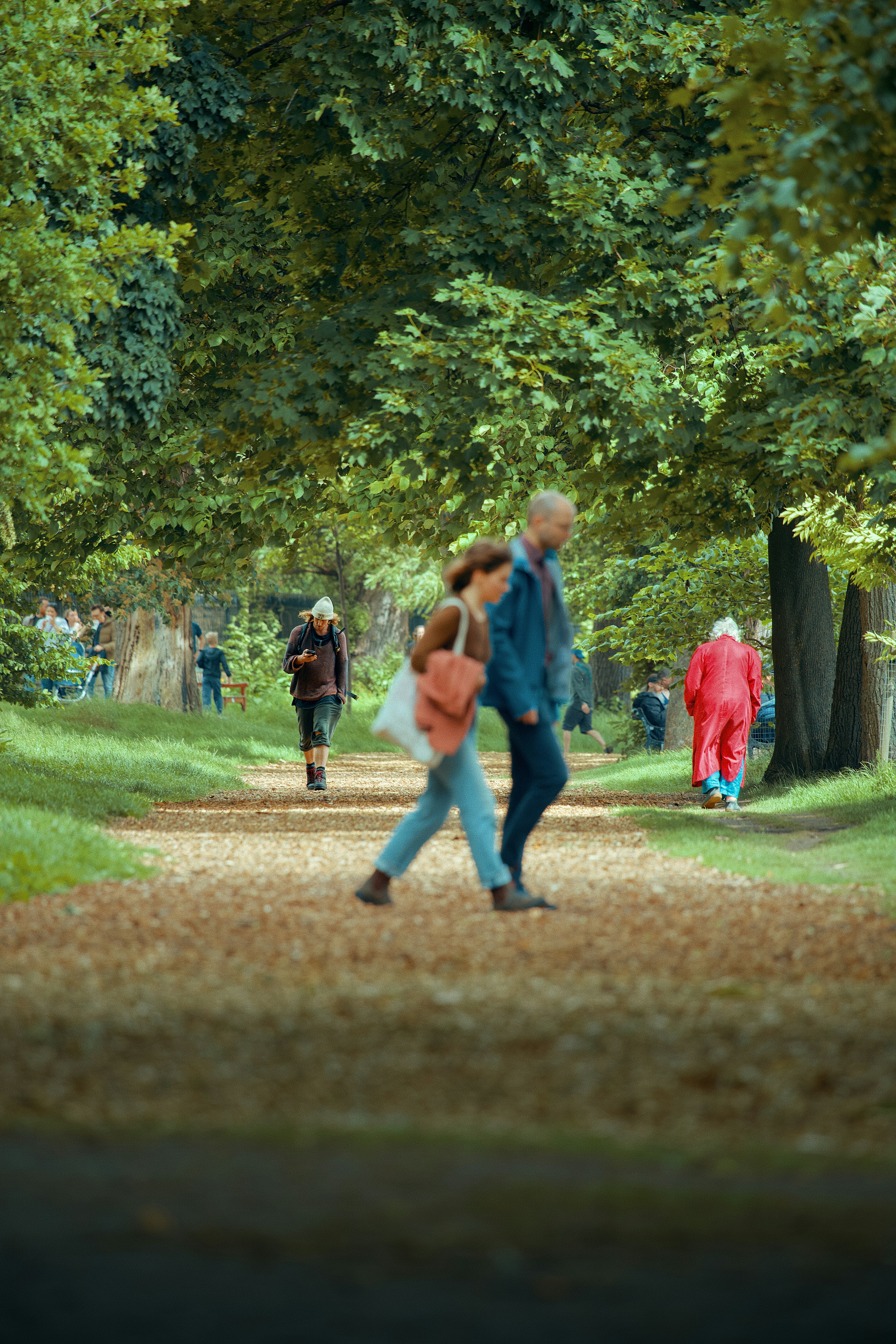 Blurry Crosswalk in a Park: Strolling Figures Under Arcaded Canopy