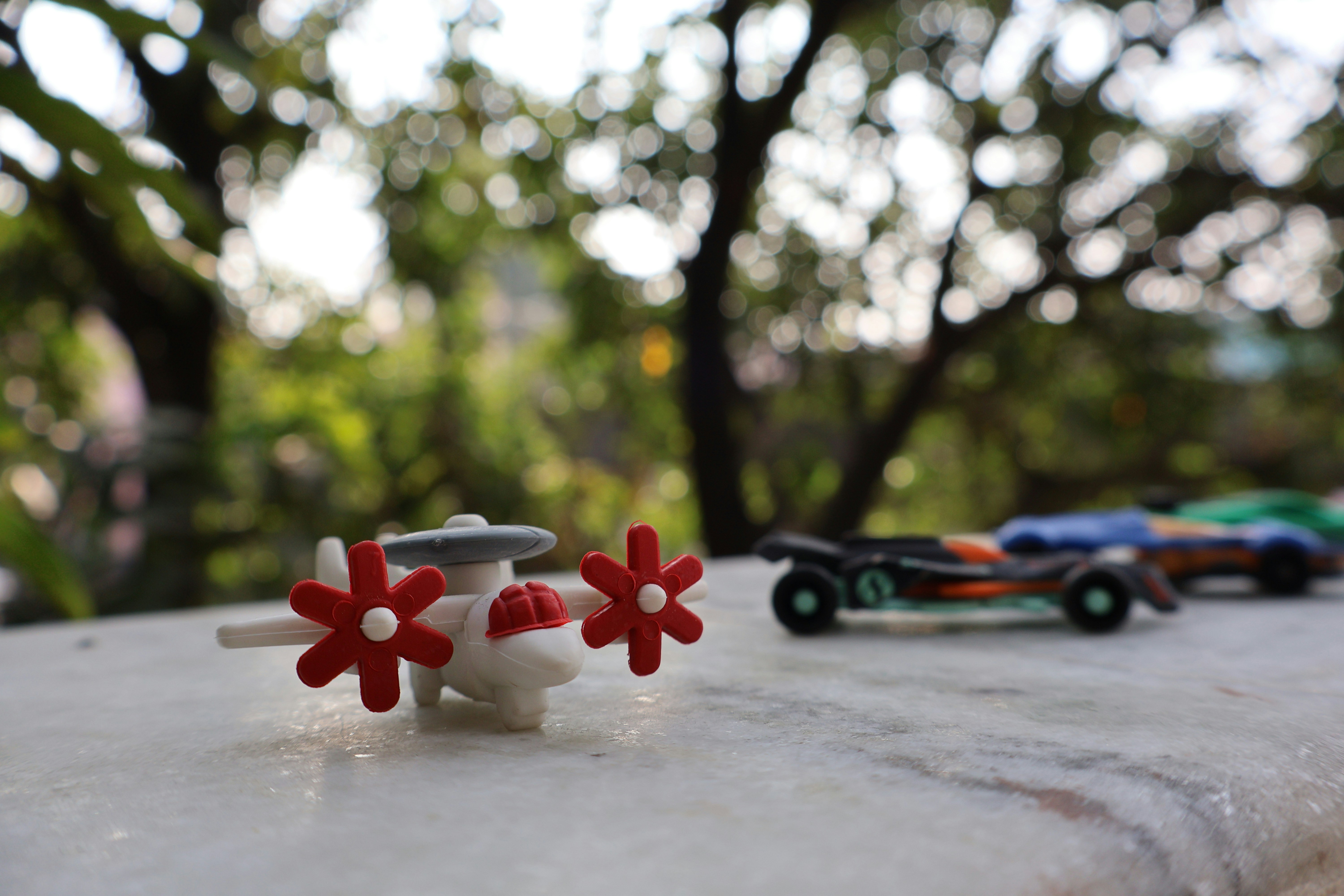 Three Toy Flowers Guard a Tiny Track in Afternoon Light