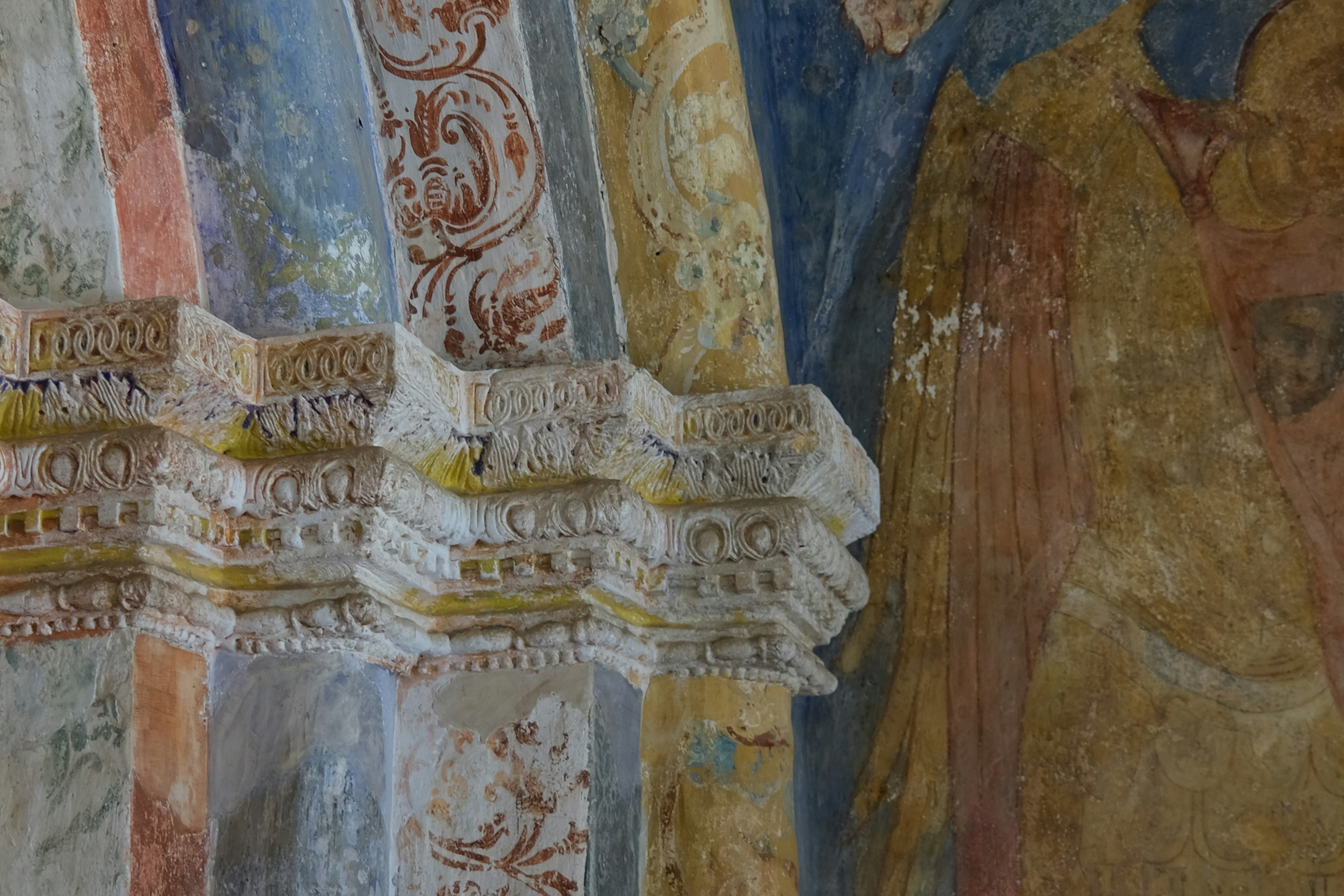 Ceiling Carved Lintel Emblems Over Painted Frescoes