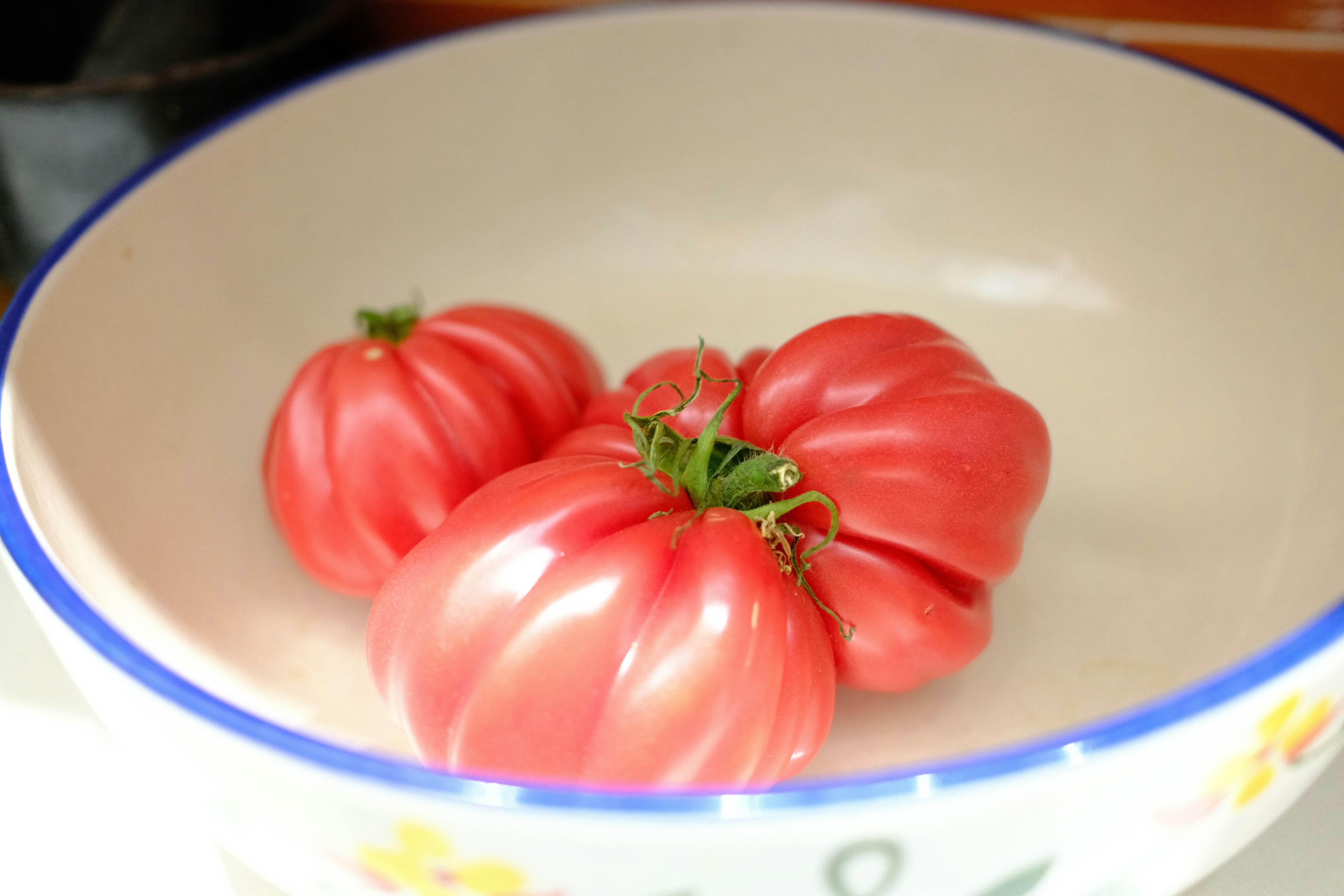 Three heirloom tomatoes resting in a white enamel bowl with blue rim