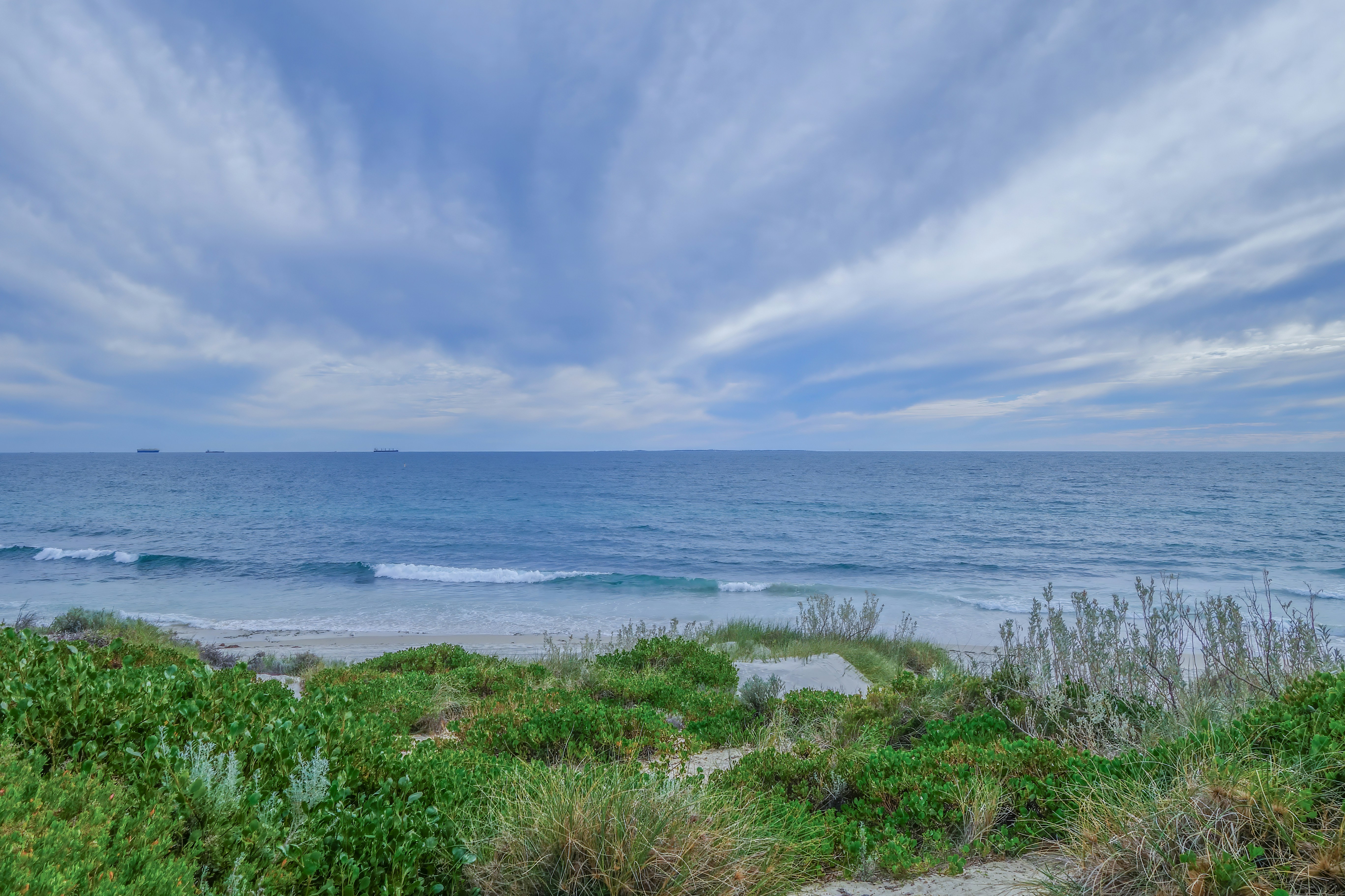 Coastal Horizon: Greens, Sand, and Sea under Wide Skies