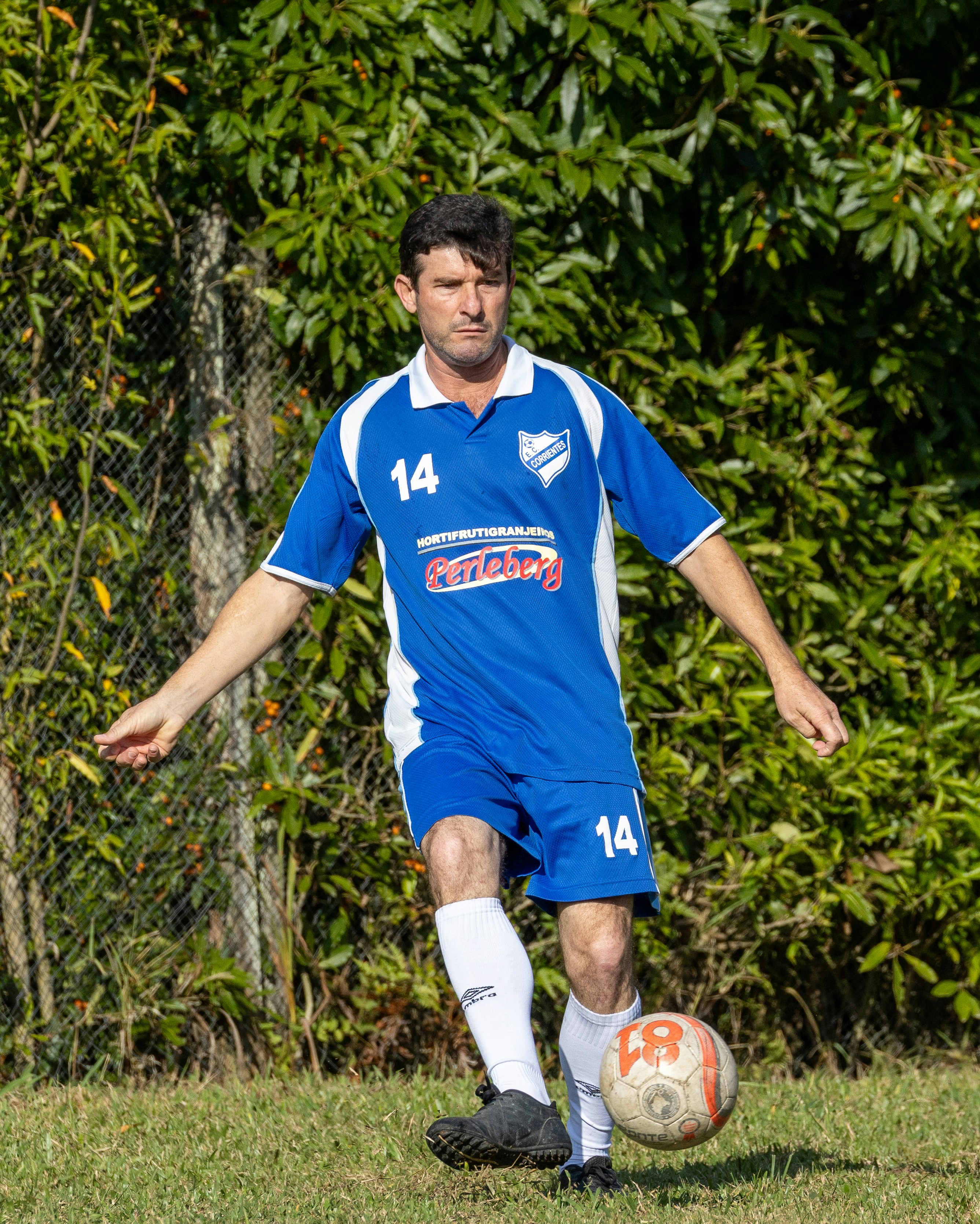Blue Kit, Red-Orange Ball: Midfield Moment in a Sunny Green Field