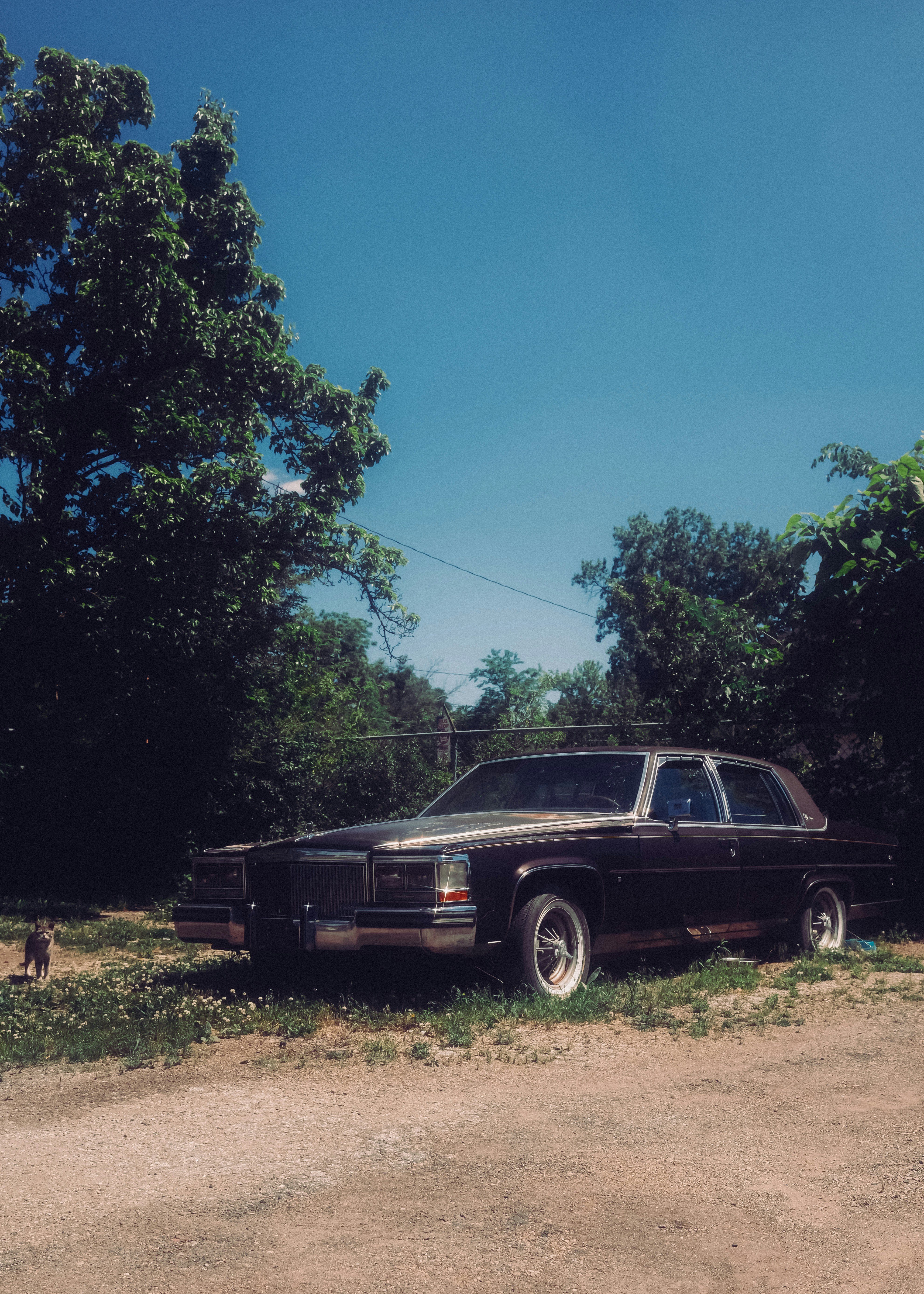Mid‑century sedan under a cobalt sky