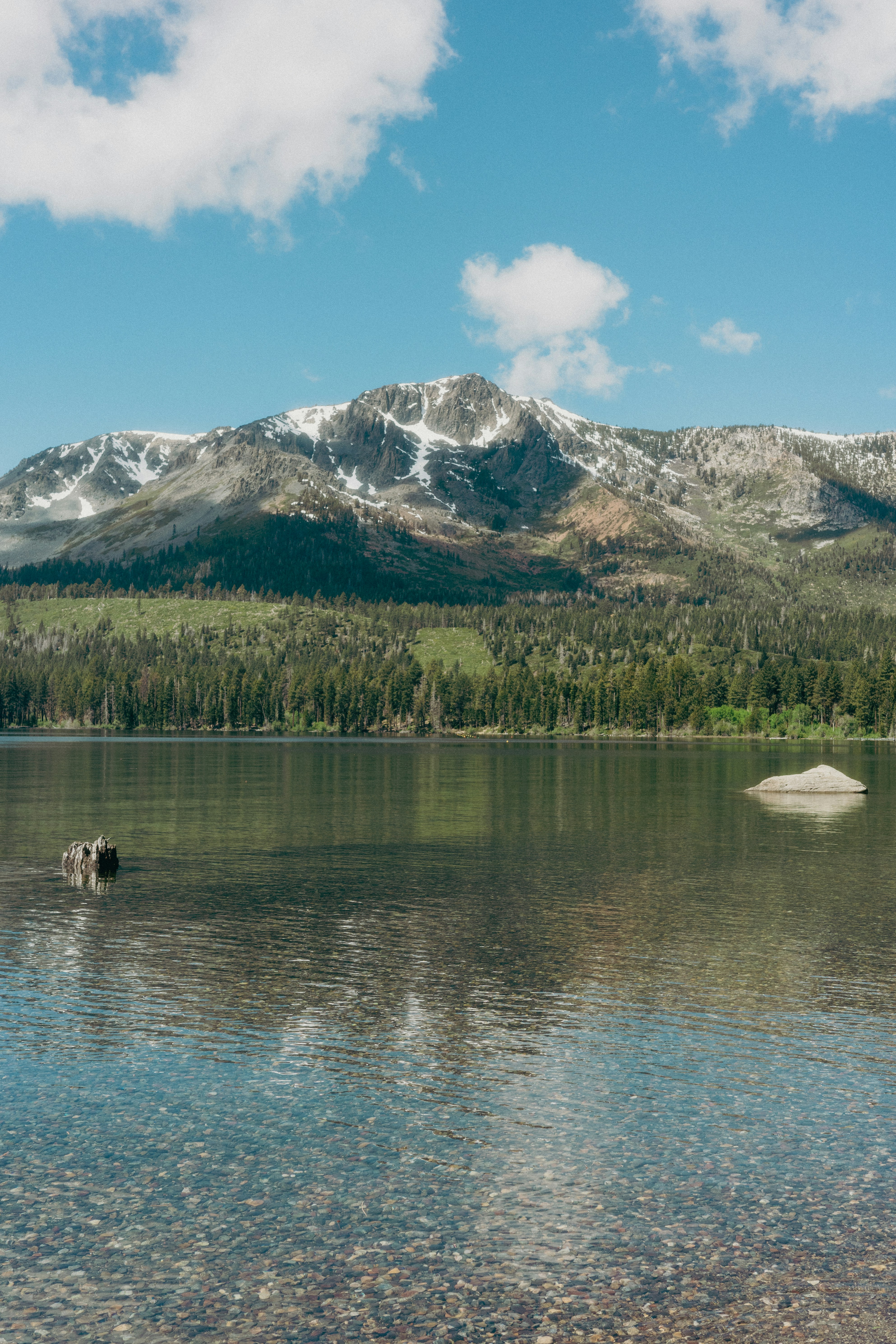 A clear lake reflects snow-capped mountains and green forest.