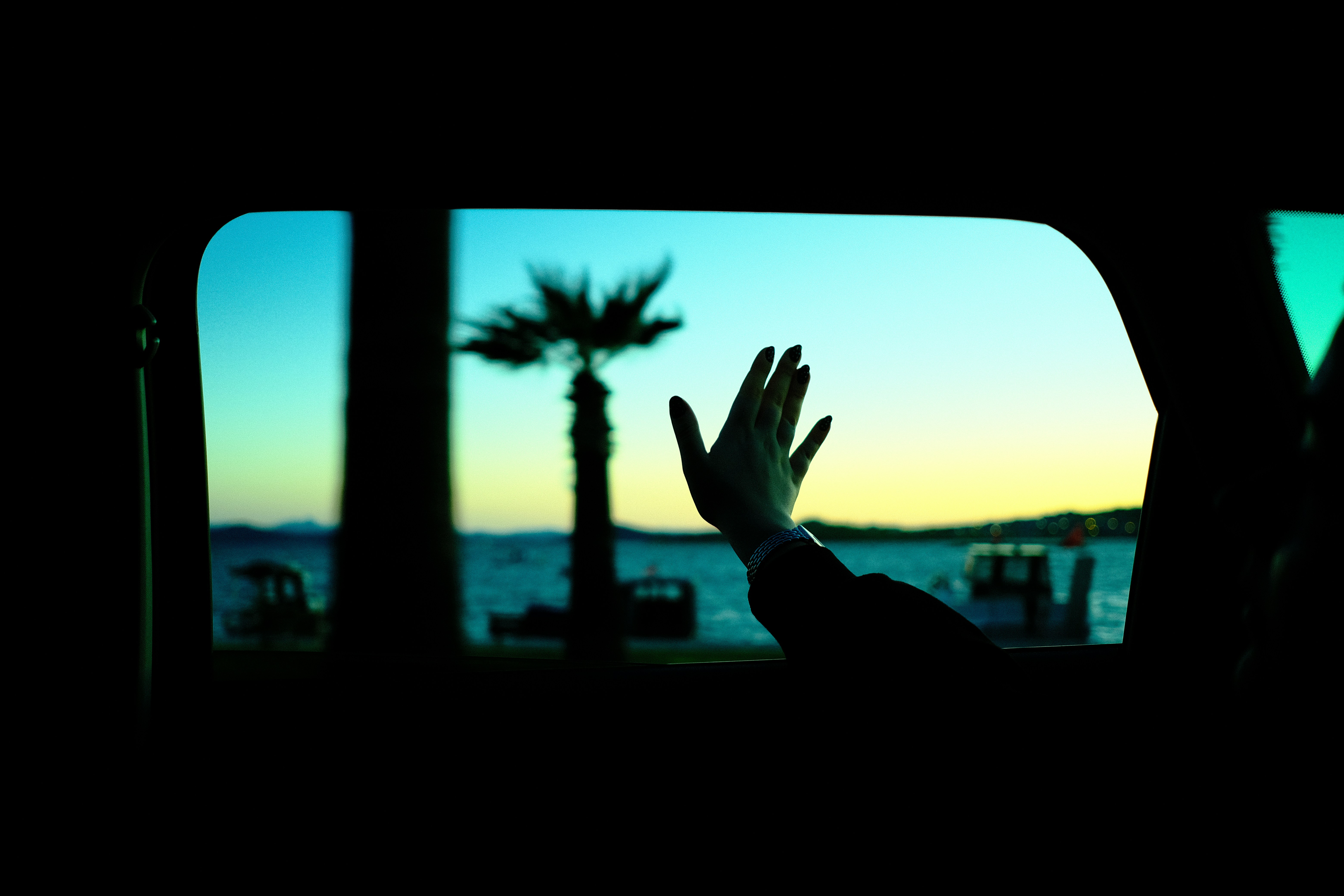 Horizon Reach: A Palm-Silhouetted Hand Reaches Toward the Sunset