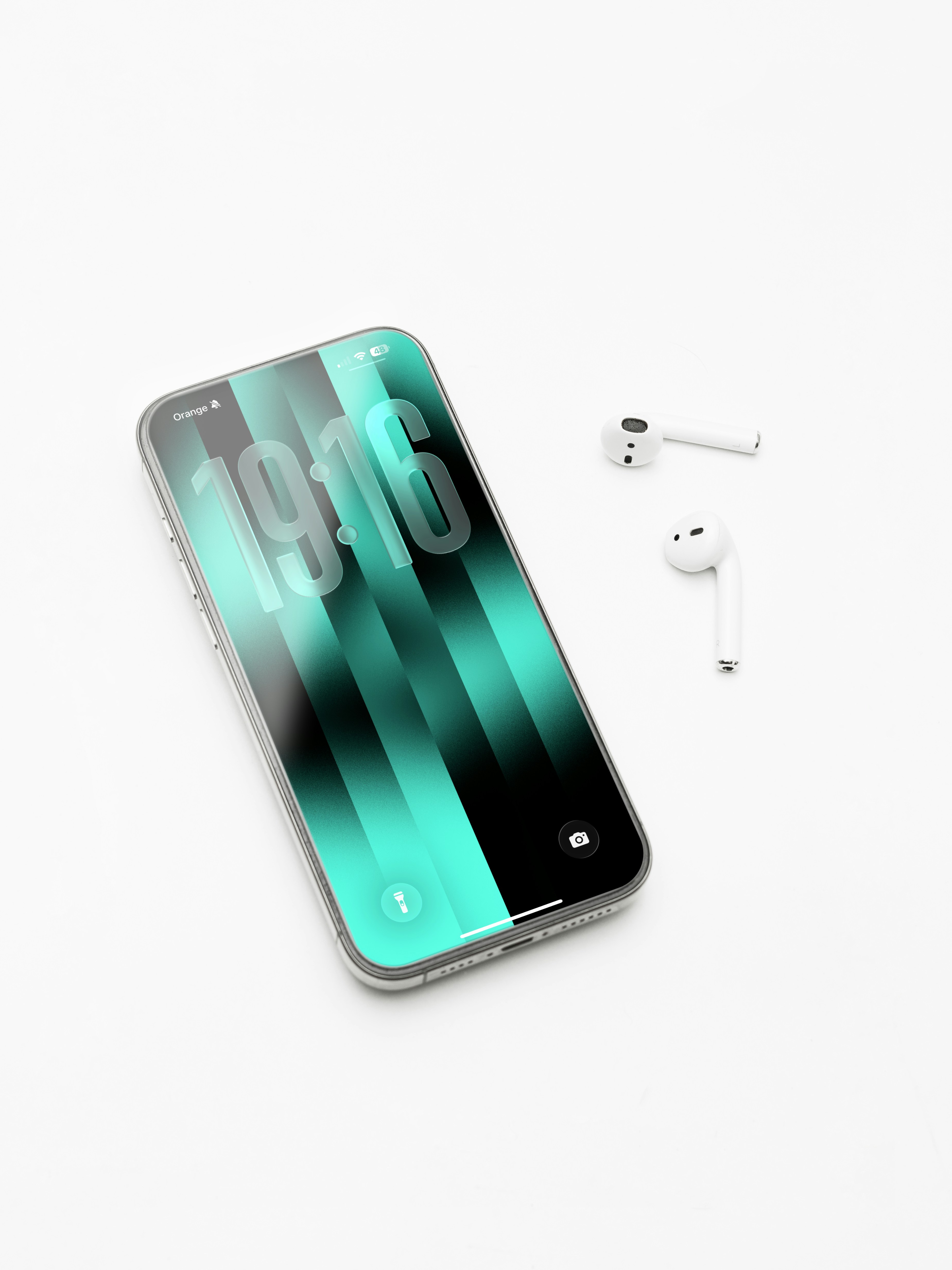 Minimalist Tech Portrait: A Sleek iPhone and Earbuds in White Space