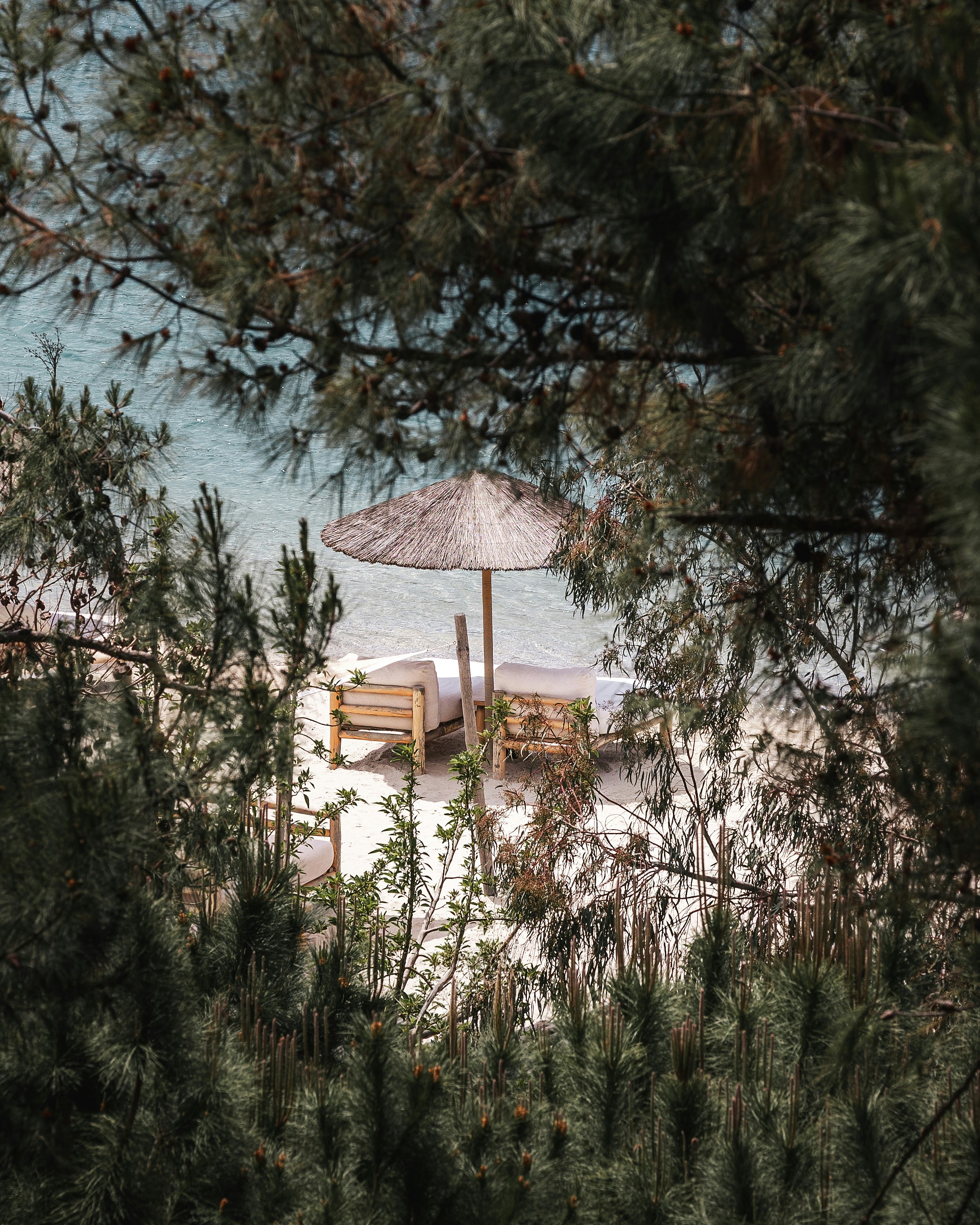 Hidden Beach Oasis: Cushioned Seats Under a Strand of Shade