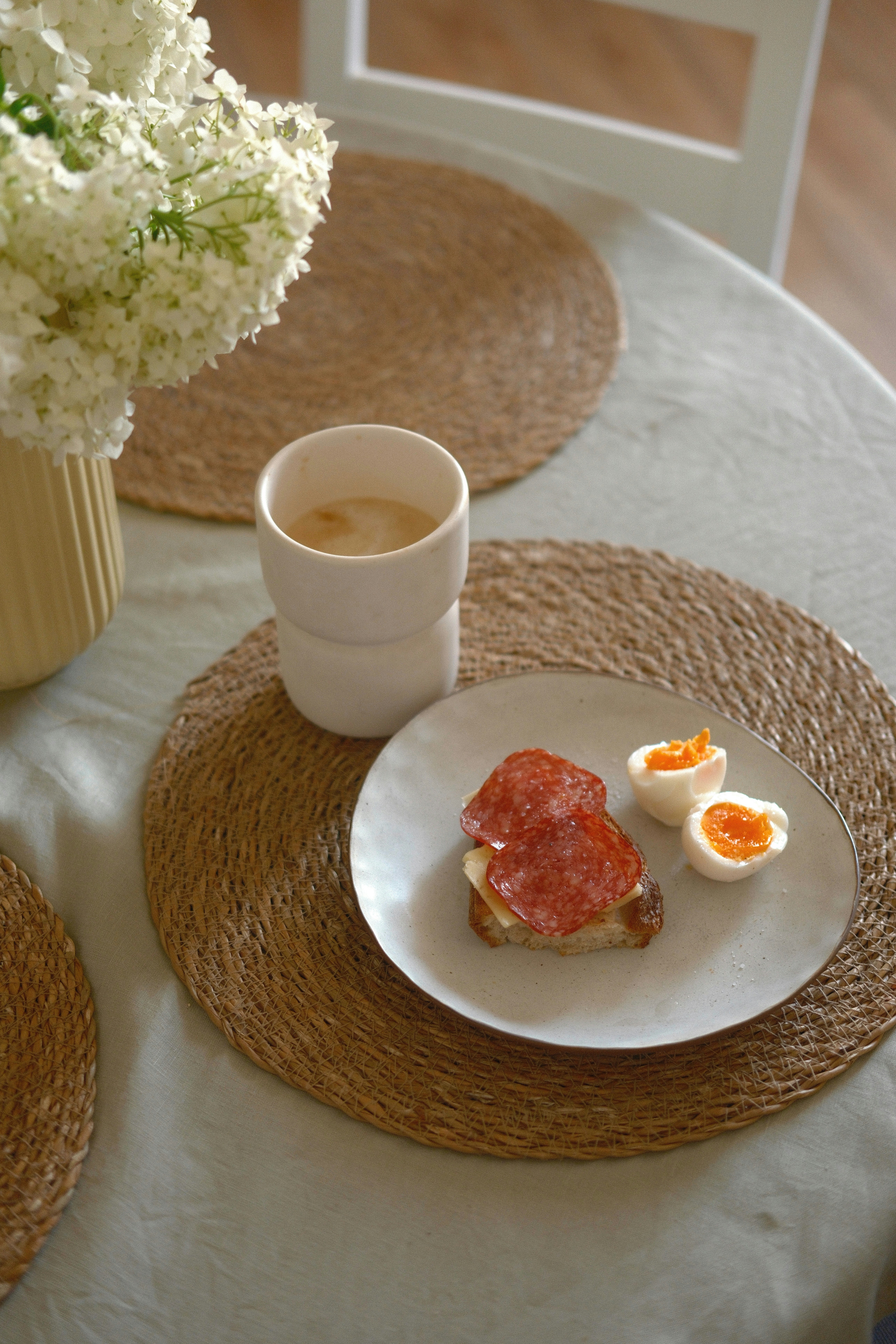 A Quiet Breakfast of Eggs and Prosciutto on a Sunlit Table