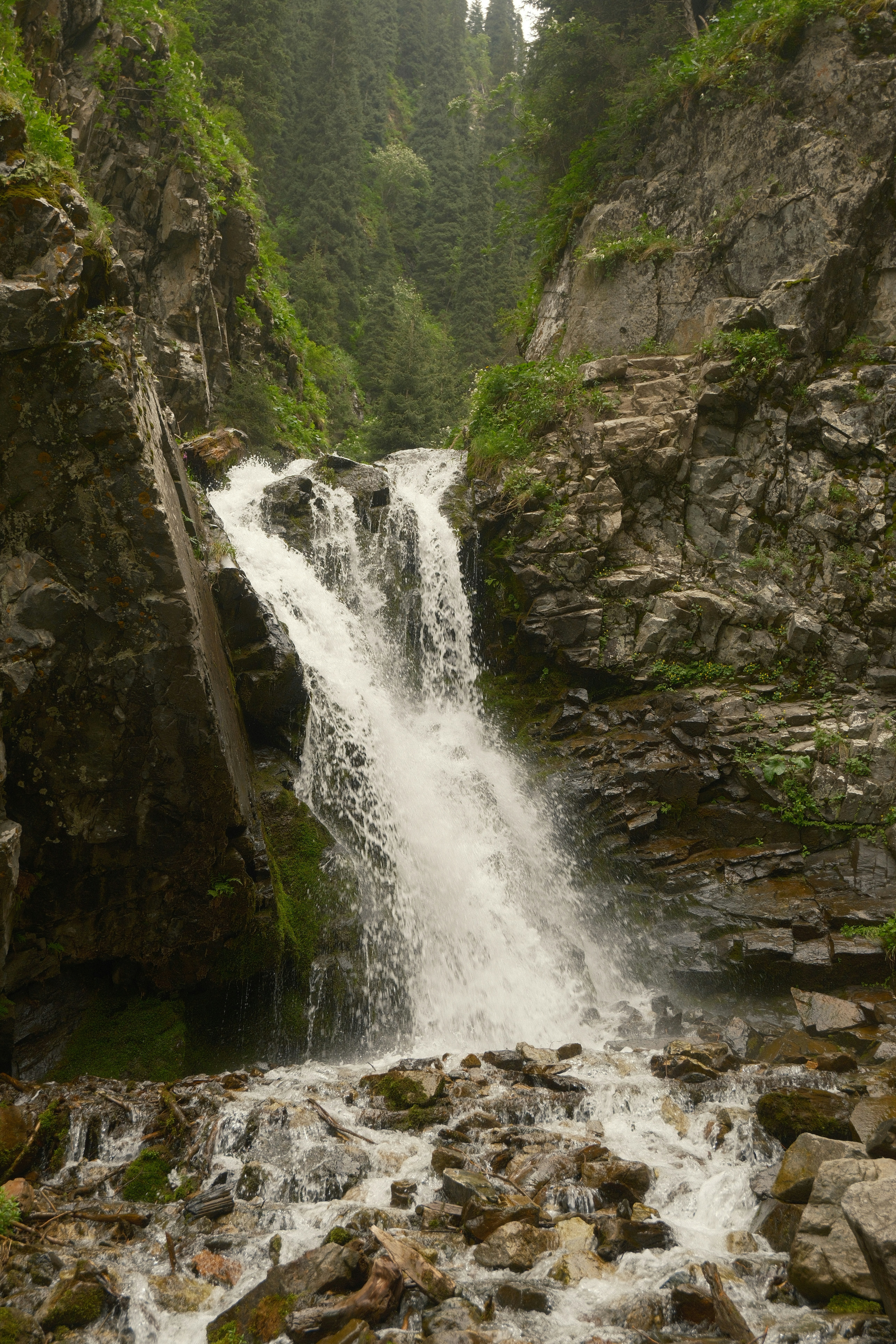 Waterfall cascades over rocky cliffs in a lush green forest.