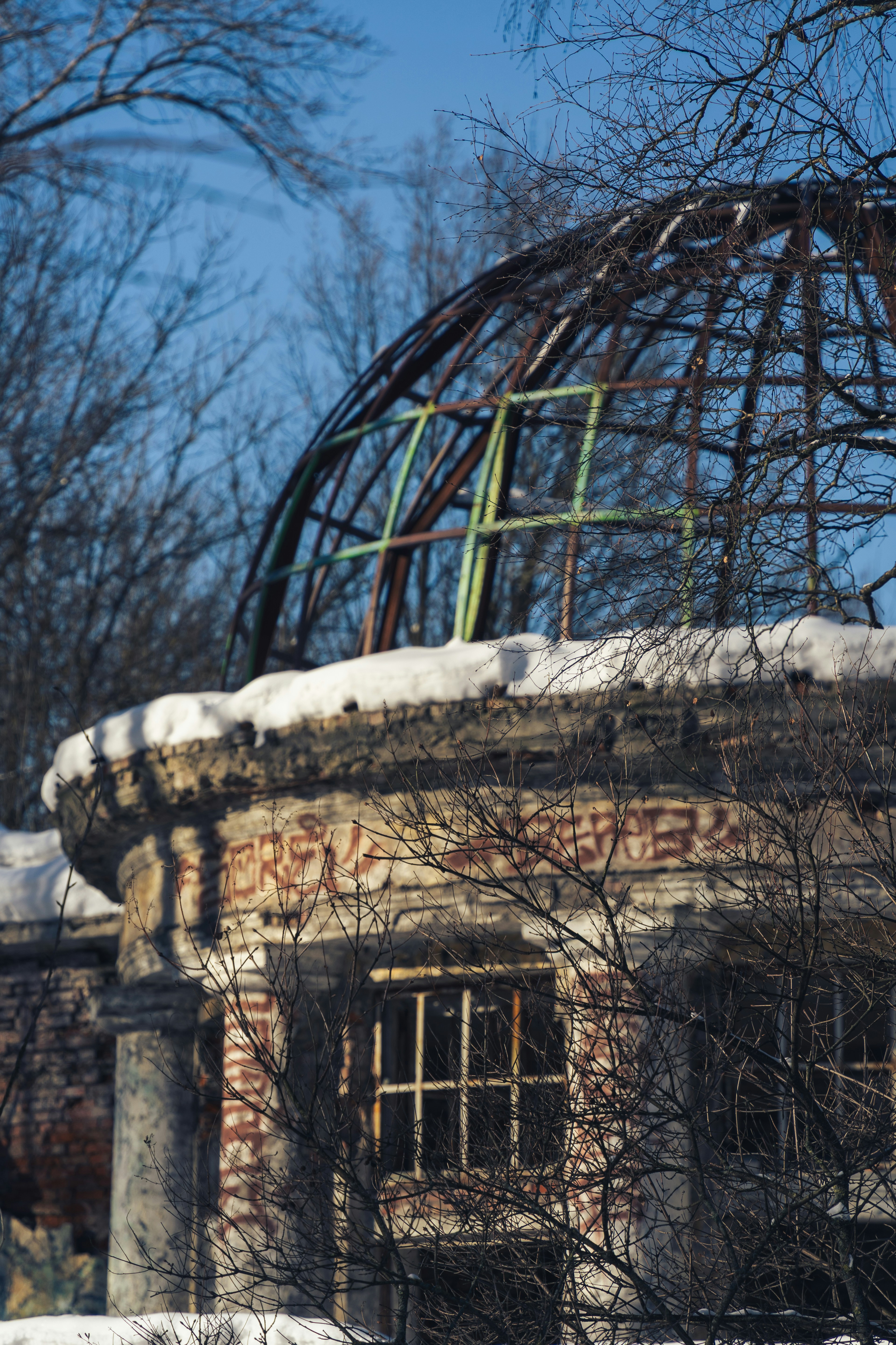 Snow-Capped Rotunda: A Weathered Dome Reclaimed by Branches