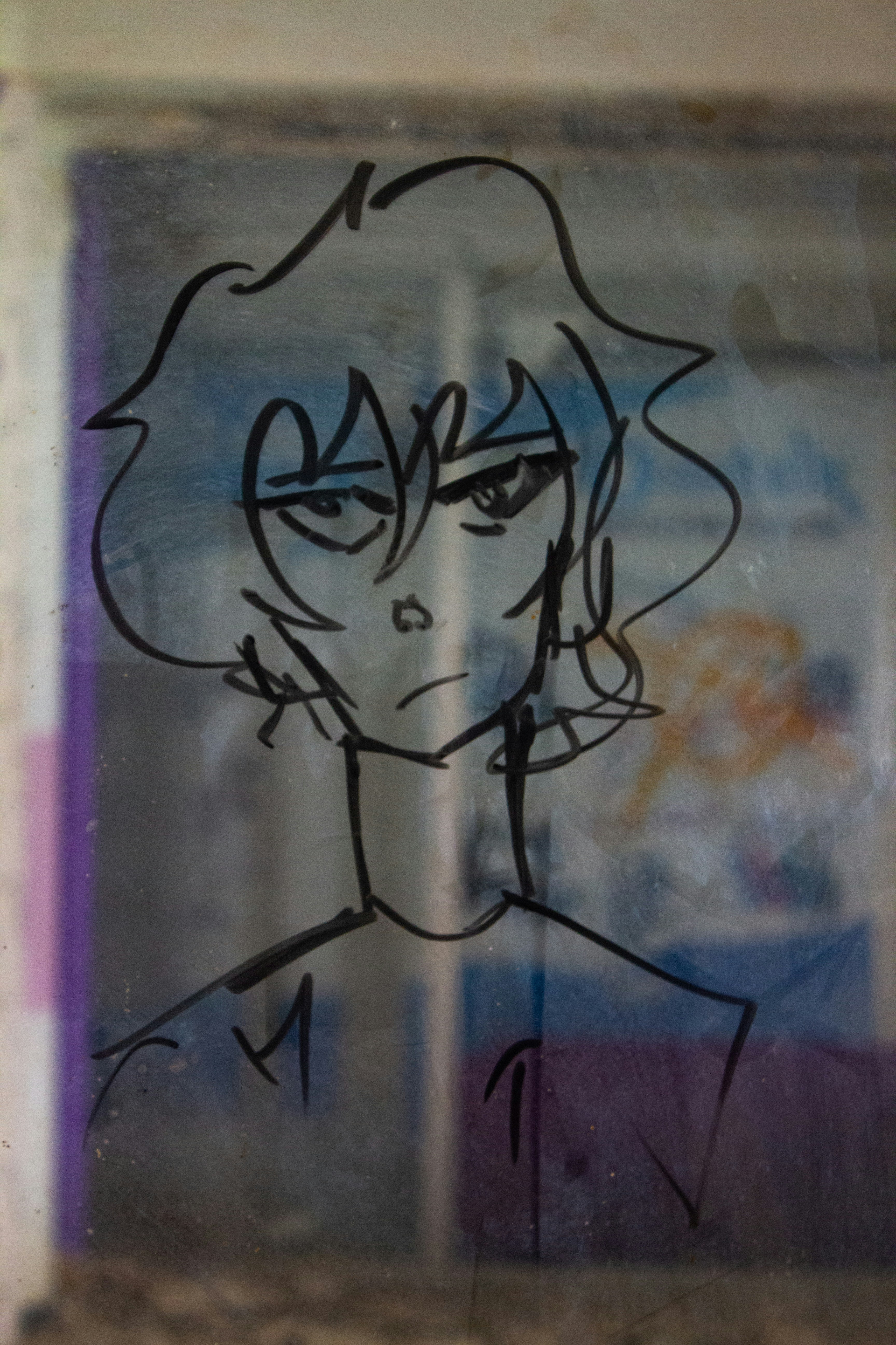 Ink Portrait on Glass: A Minimalist Cartoon Figure with Alley-blue Backdrop