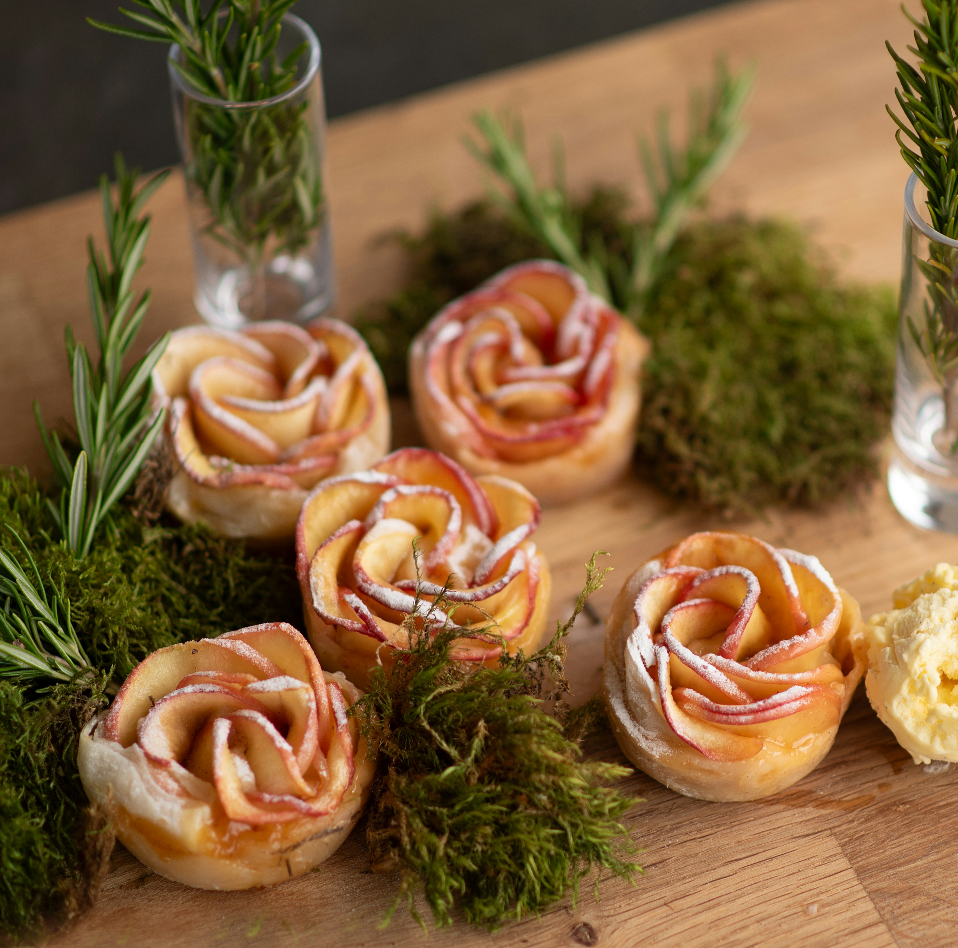 Heralds of Herb and Honey: Rose Pastries on a Mossy Board