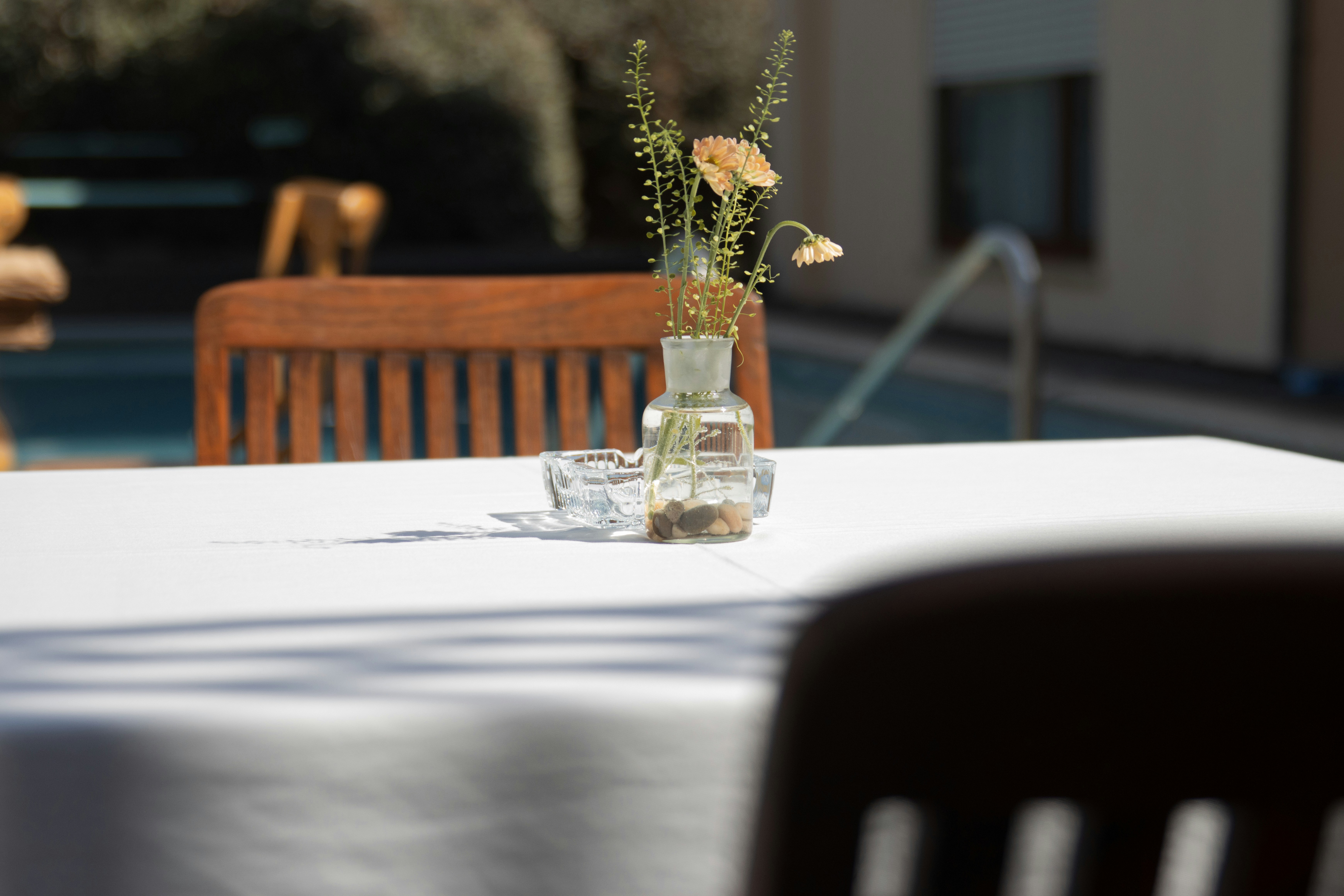 Minimalist centerpiece: a glass jar with wildflowers on a sunlit white table