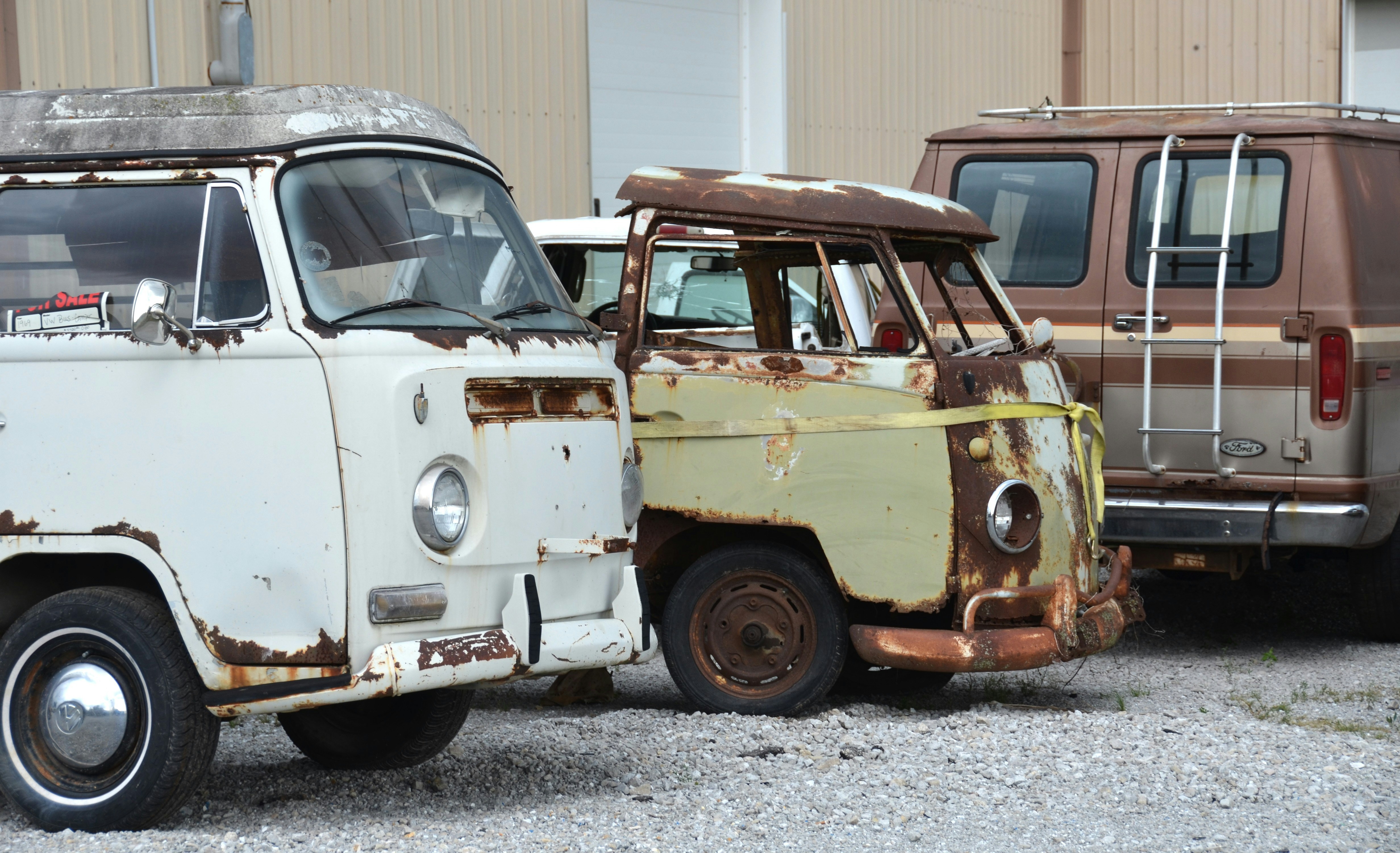 Rust and Roots: A Row of Weathered Vans in an Idle Yard