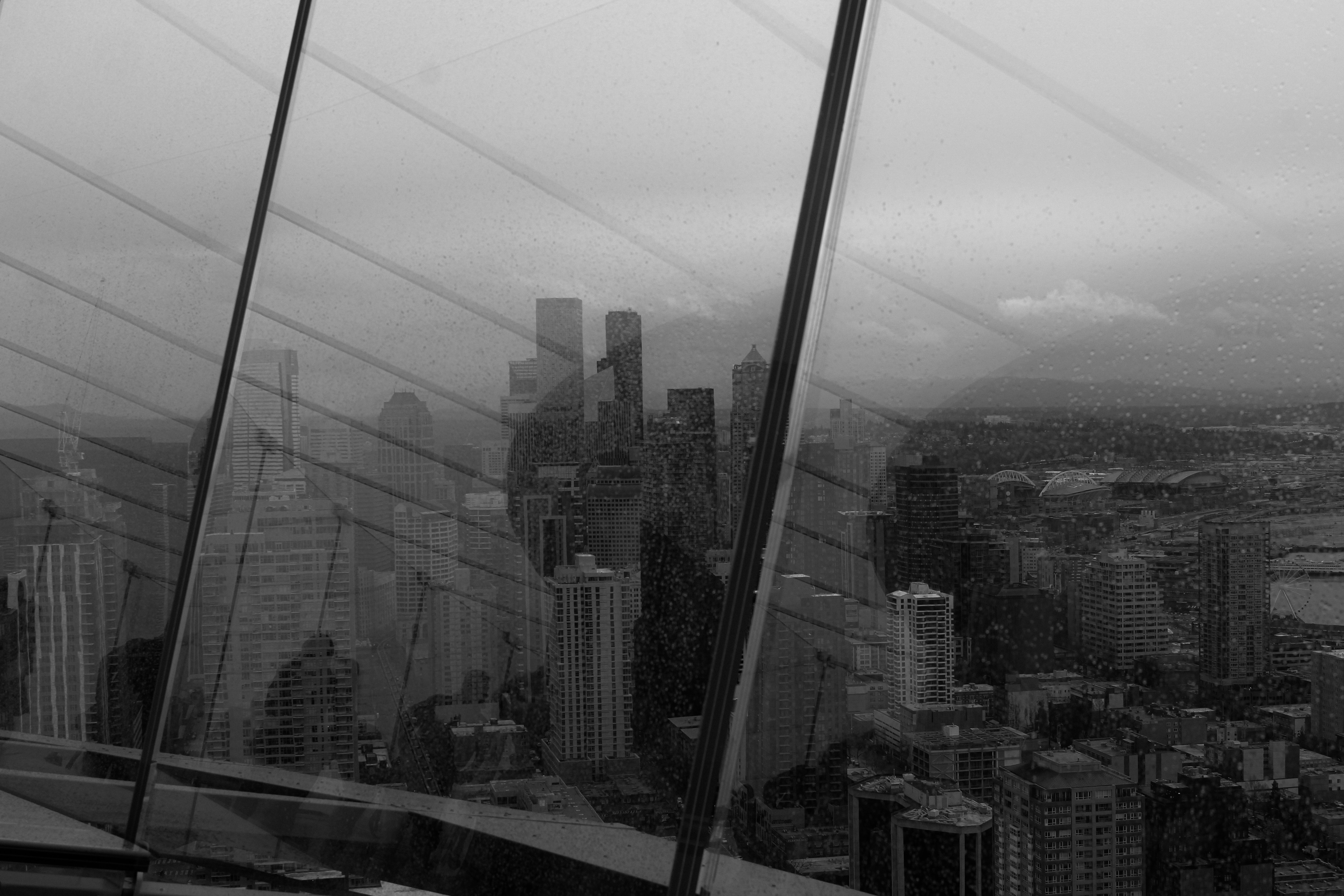 Black and white cityscape viewed through reflective glass panels.