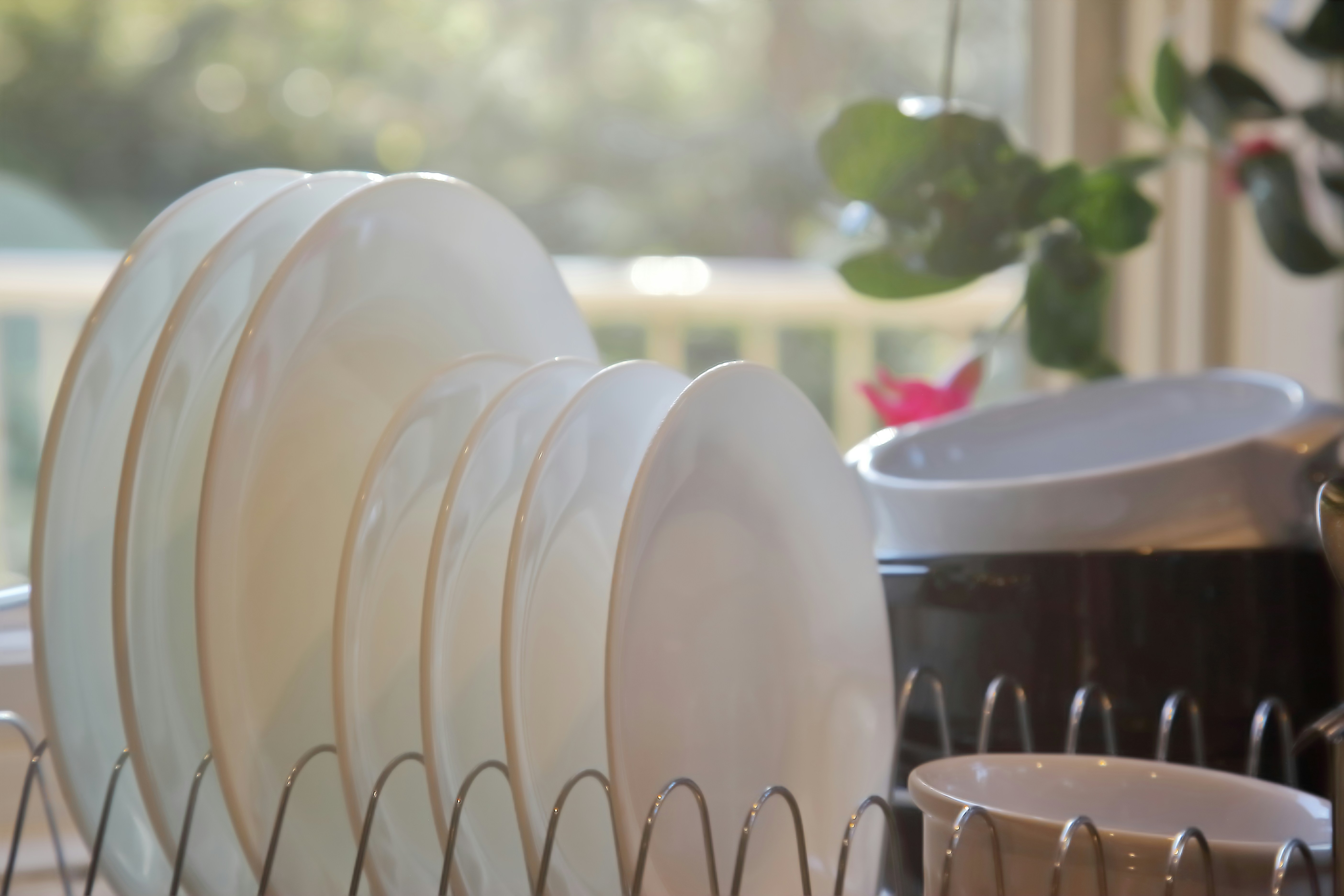 Stacked White Dishes in Sink: Quiet Morning Kitchen