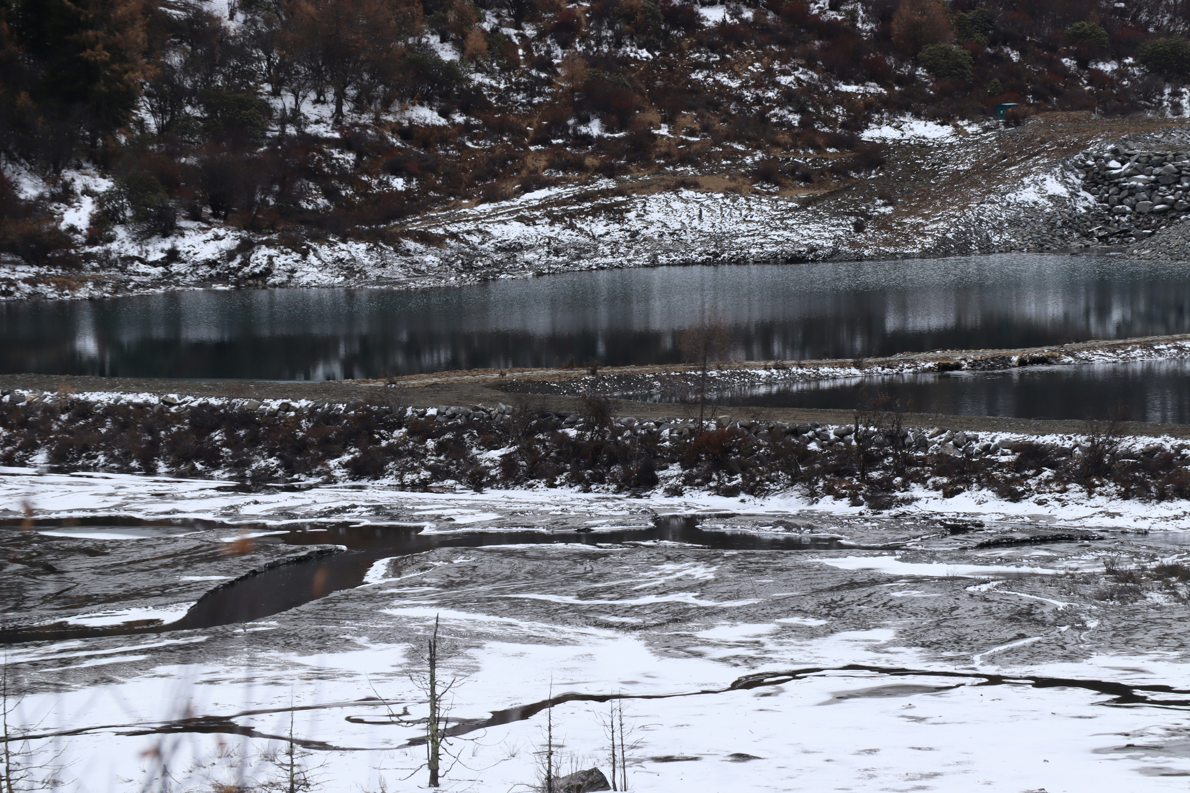 Quiet shoreline mirror: a snow-kissed lake under a low-contrast sky