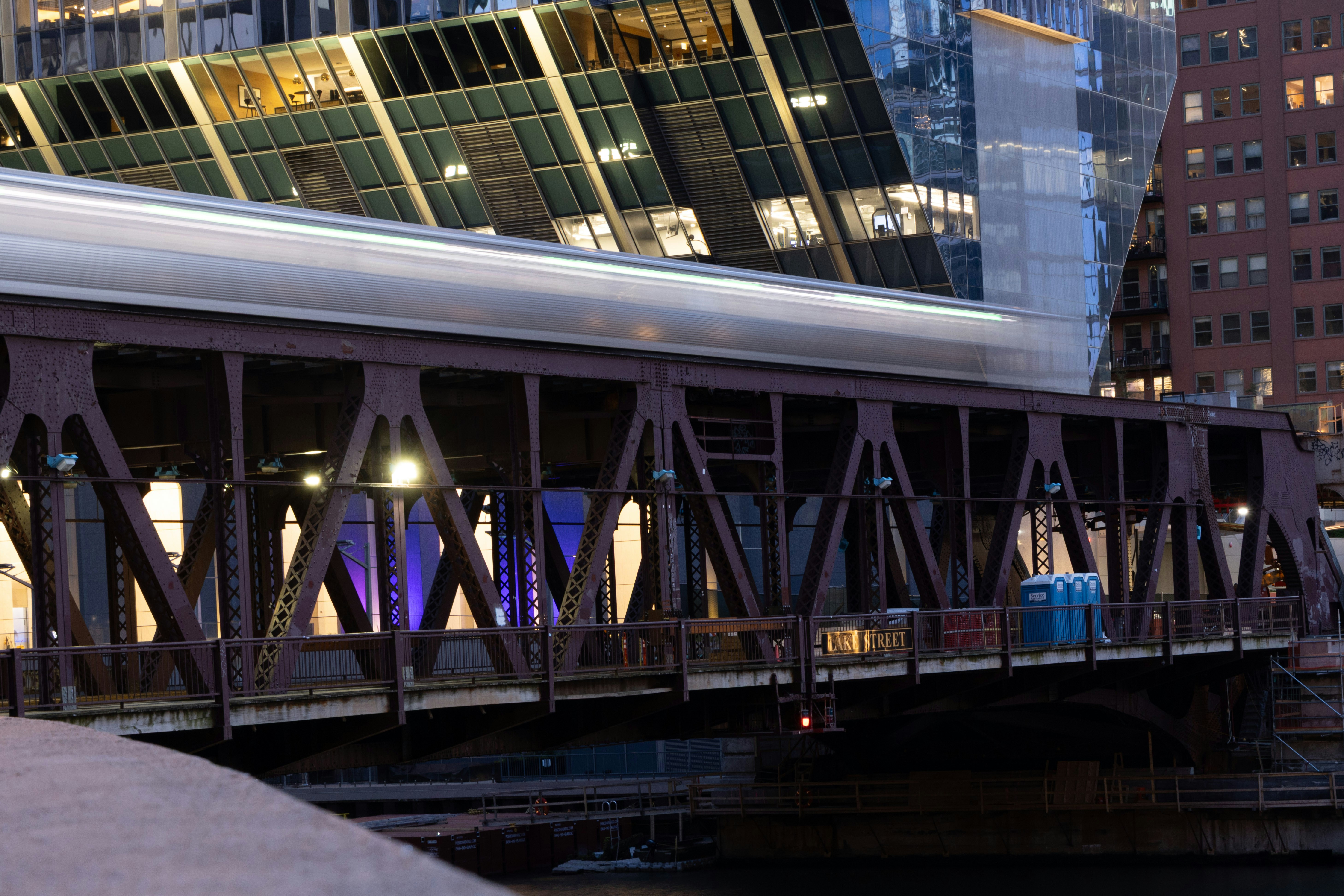 Train coming over a bridge near Whacker Drive in Chicago.