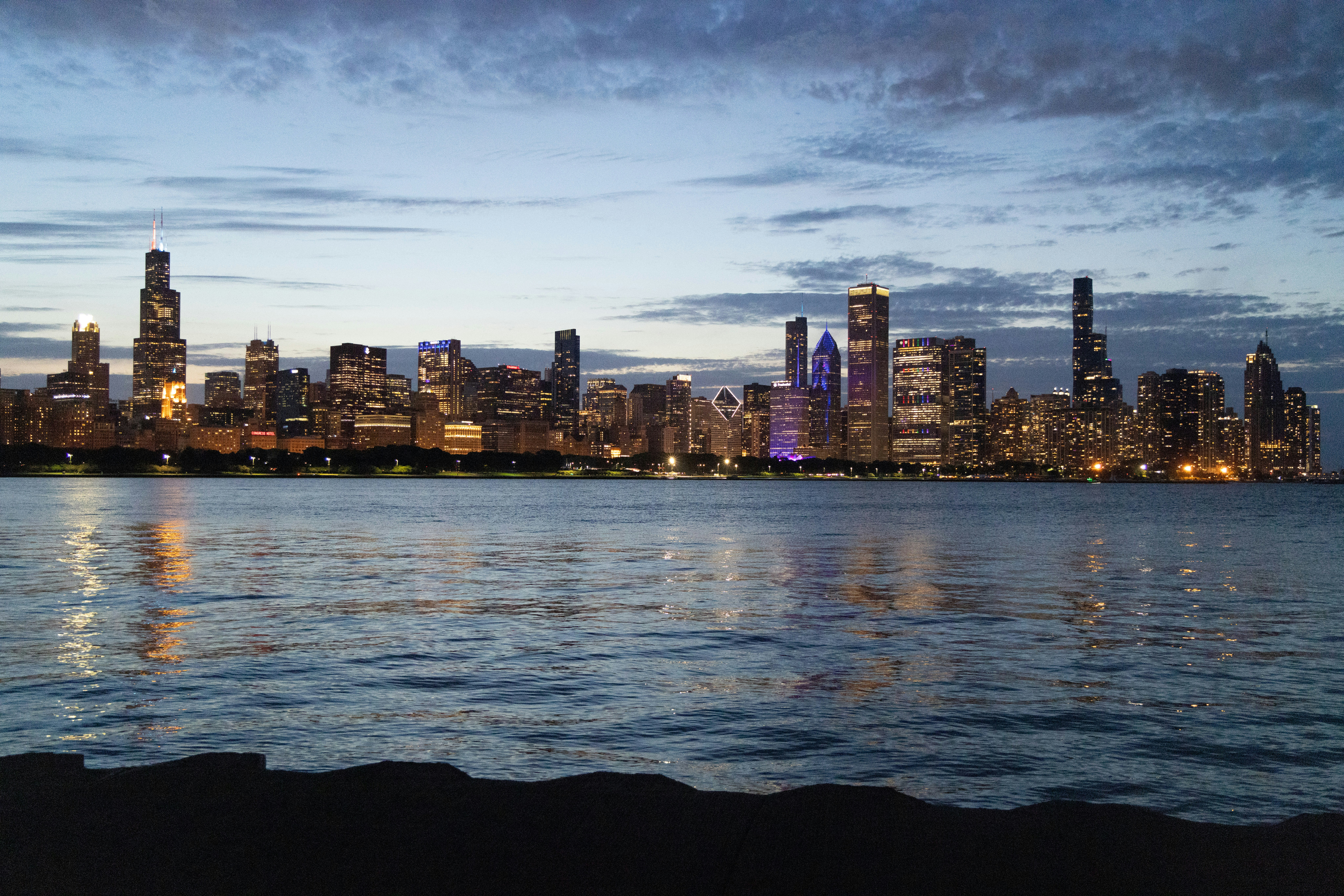 The summer Chicago skyline as seen on a beautiful evening.