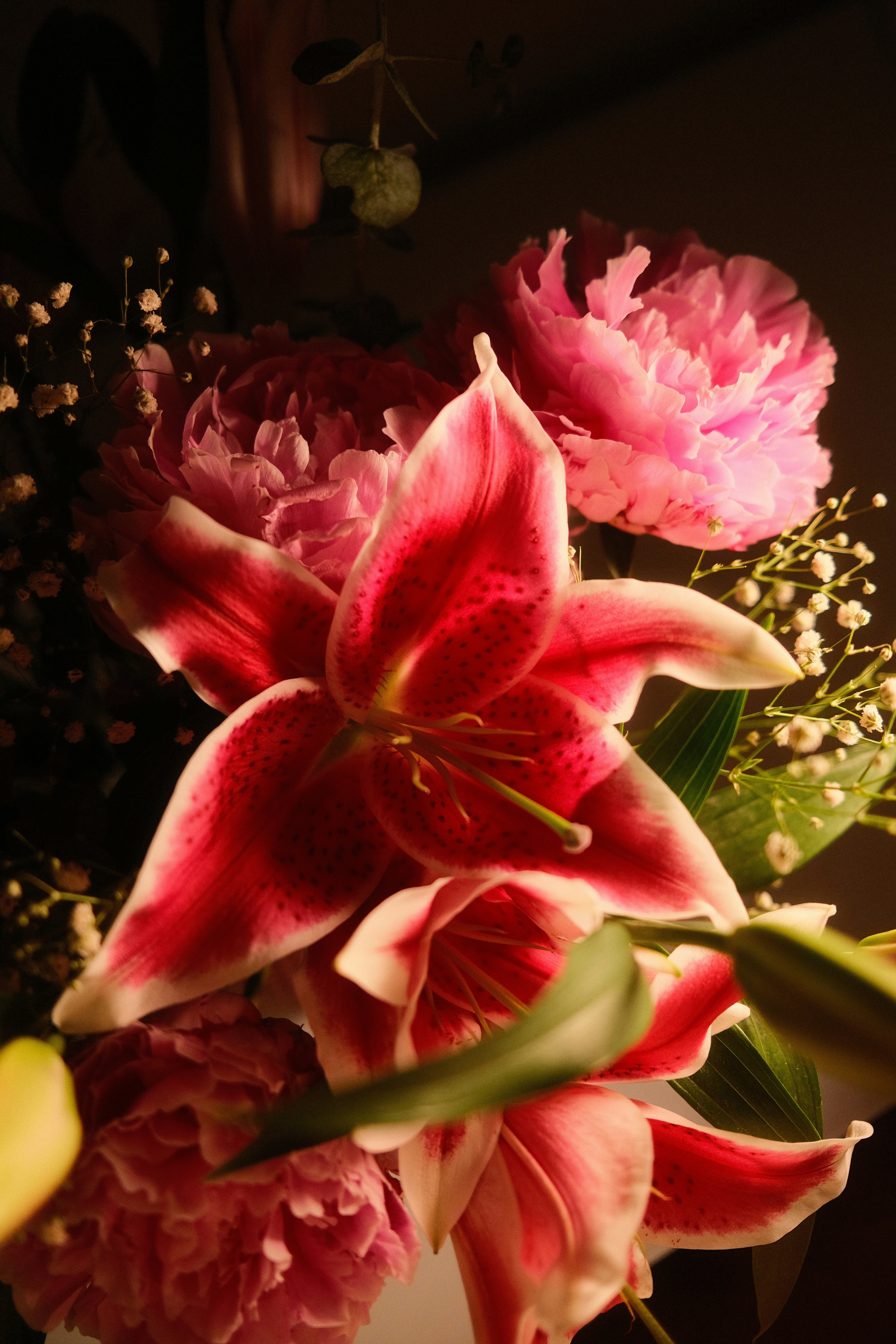 Pink Stargazer Bloom Dominates a Quiet Floral Arrangement