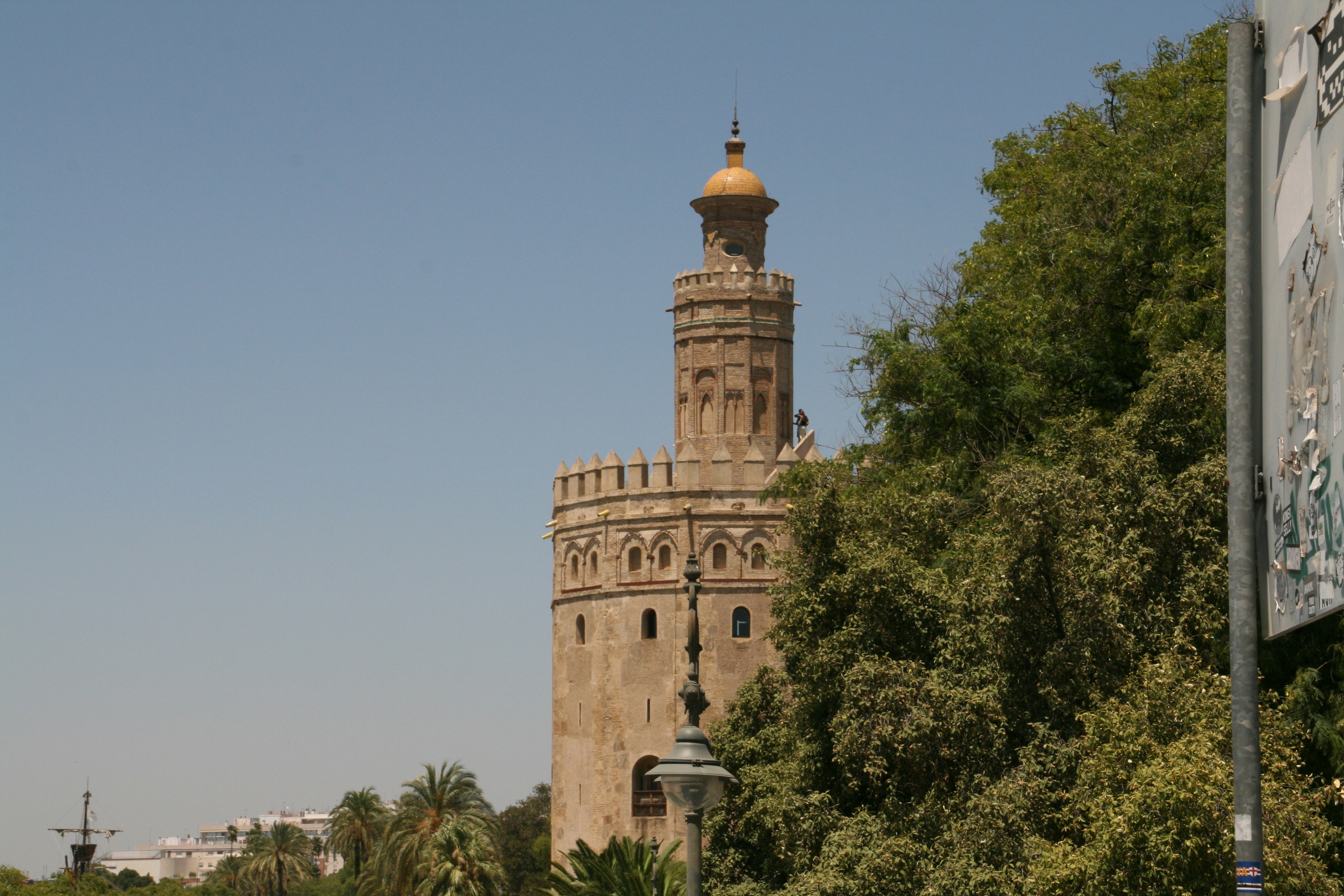 Towering Heritage: The Circular Citadel Rising beside a Lush Riverside Street