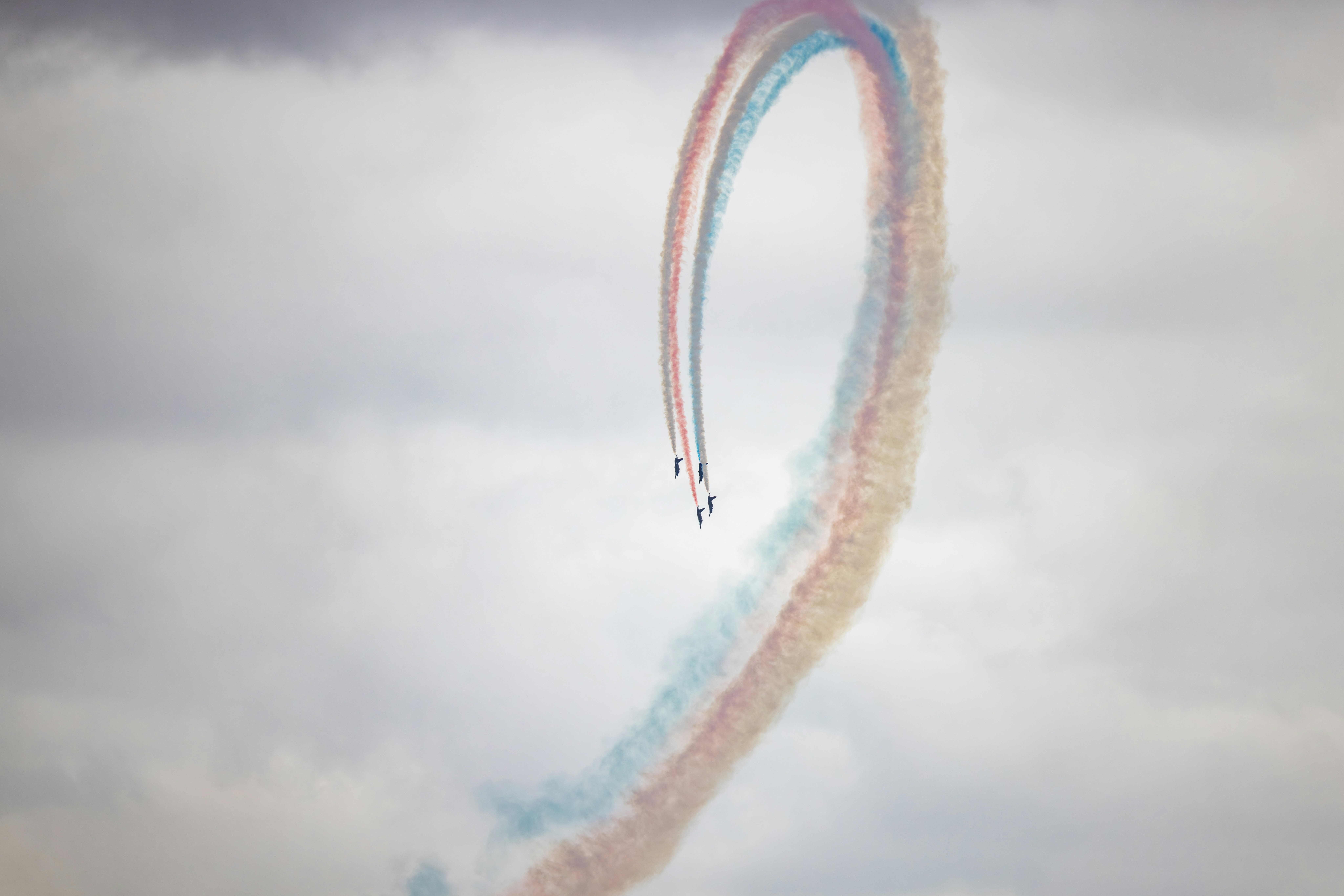 Colorful Contrails Arc: Three Jets Leaving Twin Trails