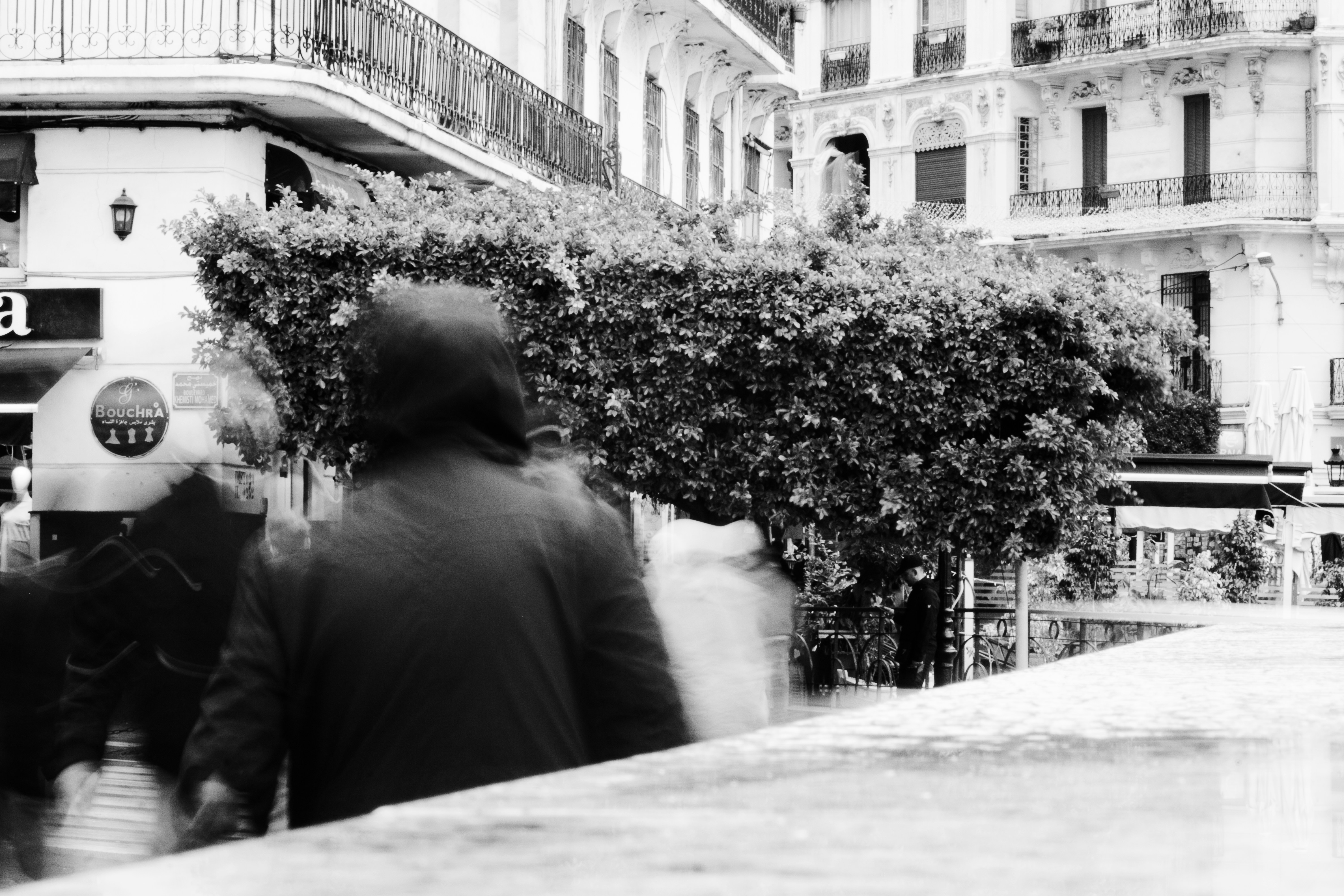 Blurred Pedestrians Against an Elegant European Facade