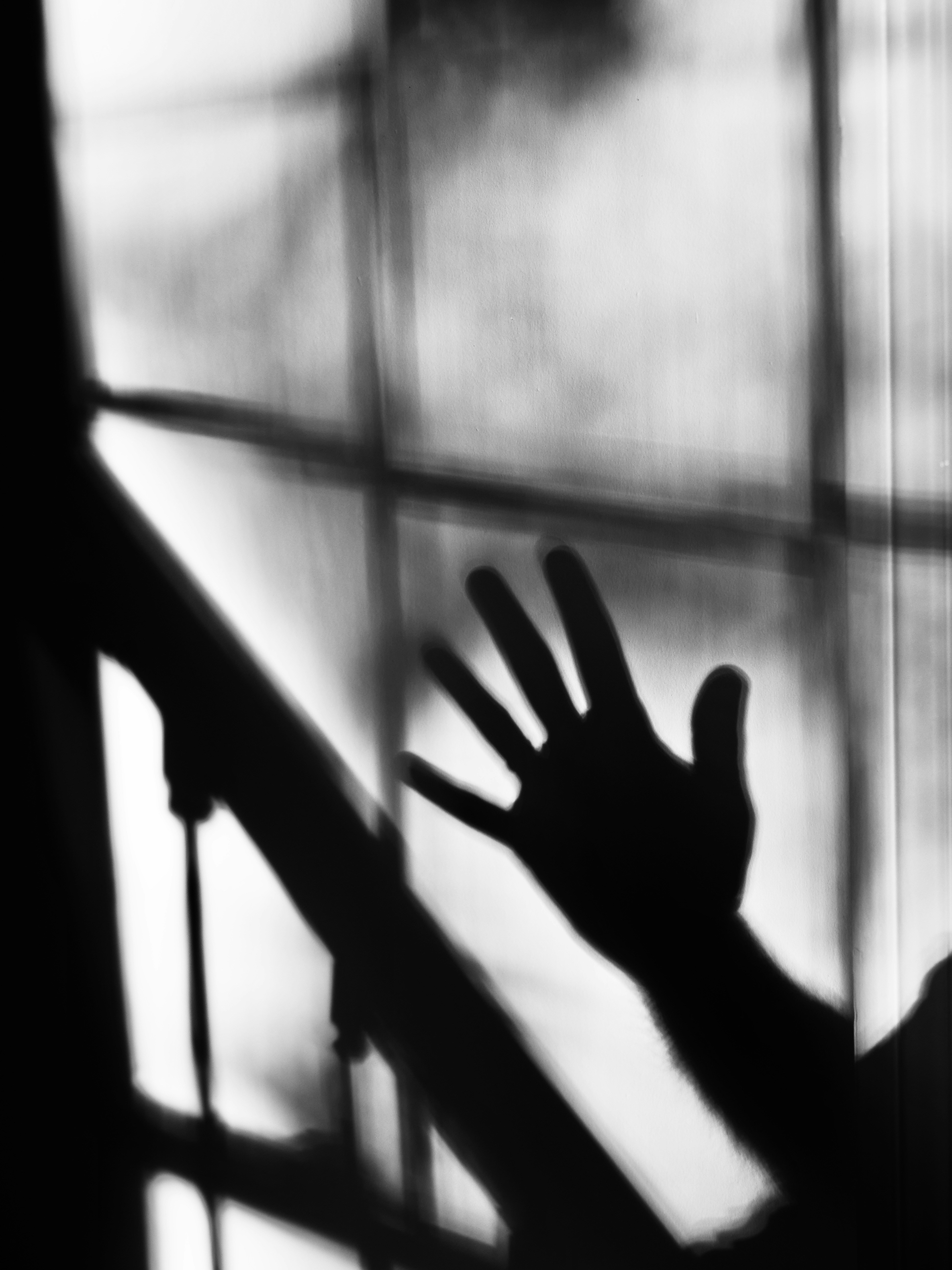 Shadow Hand Reaching Through Gridded Veil