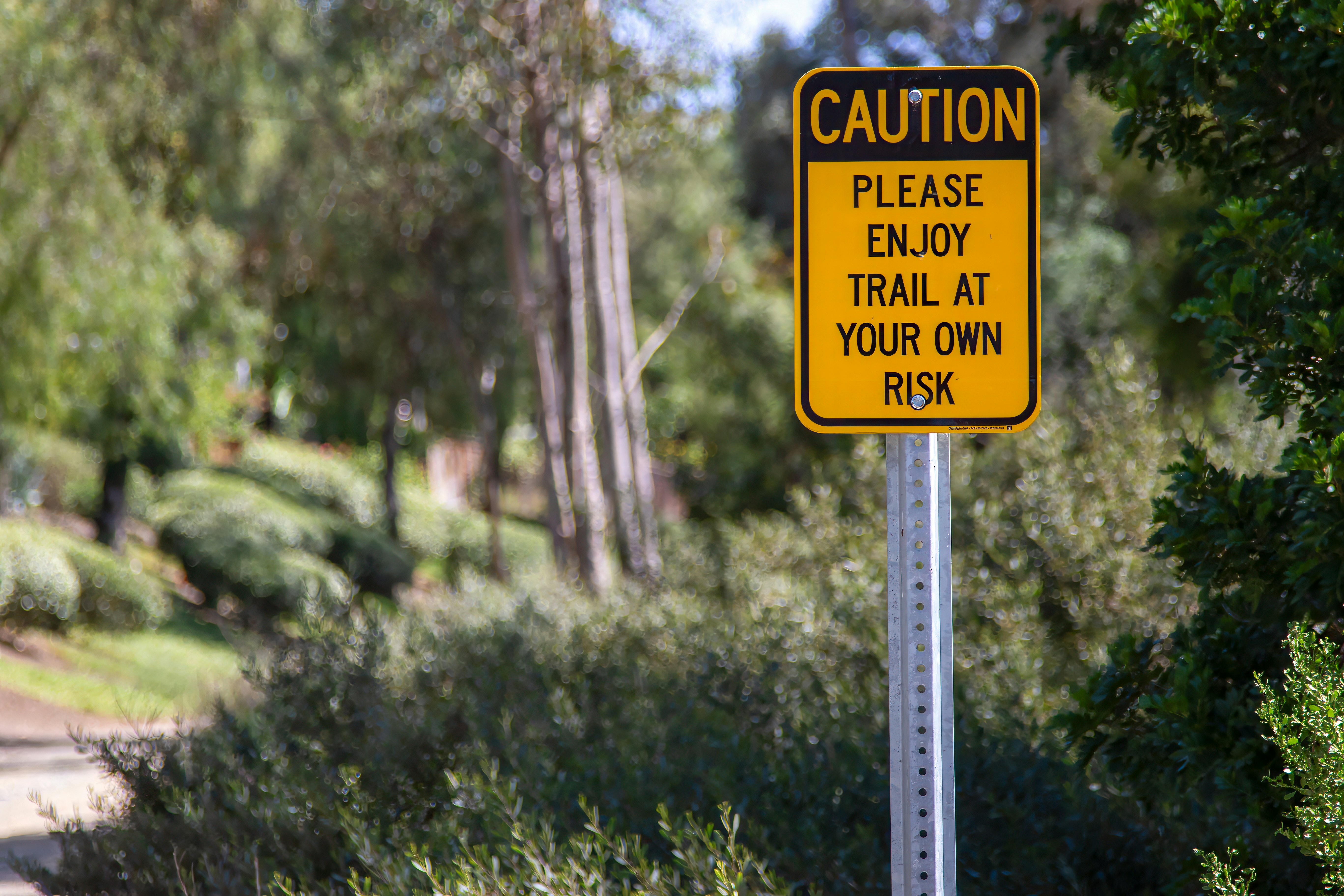 Caution Sign Painted in Yellow: Trail at Your Own Risk