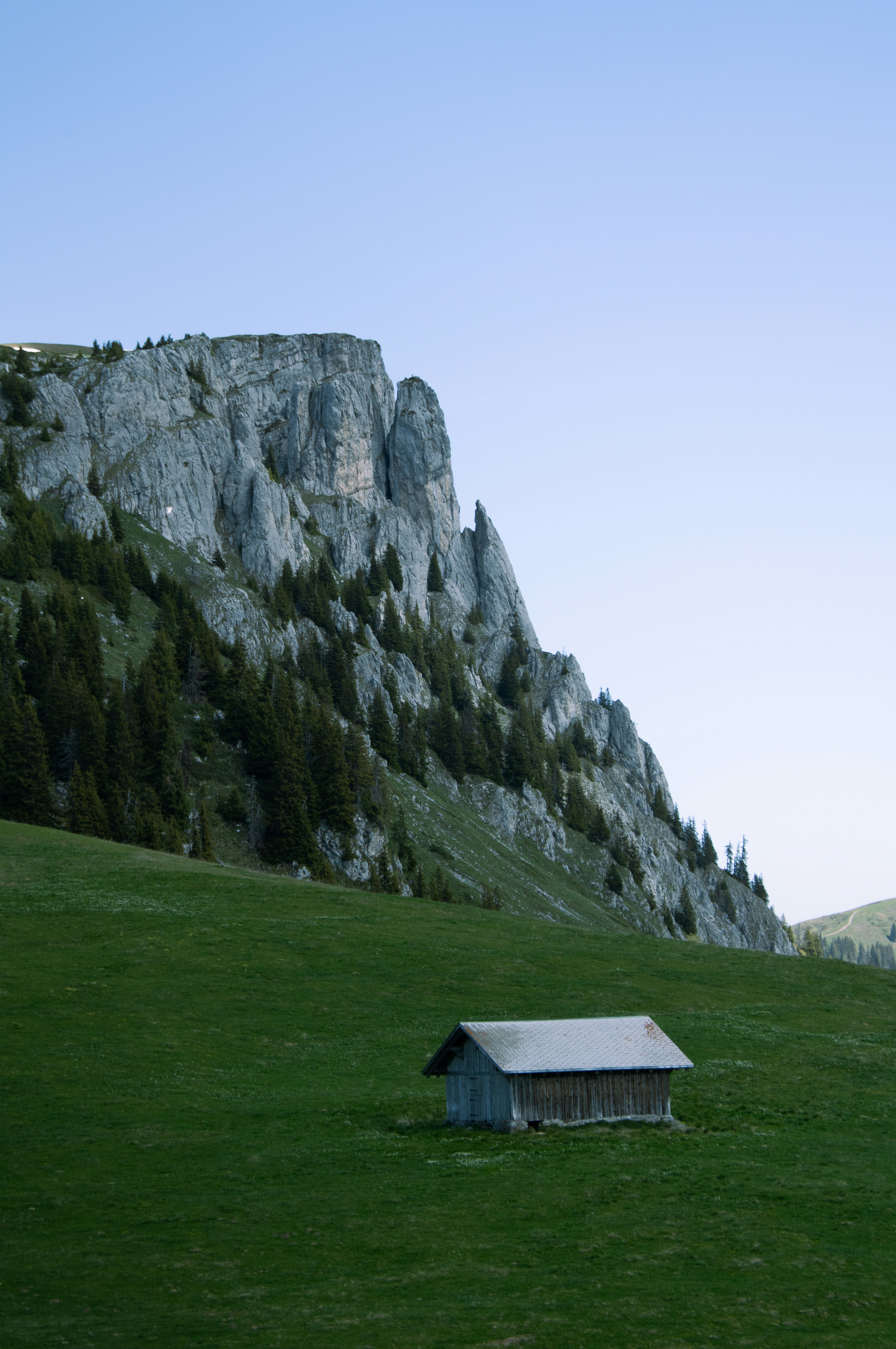 Alpine Cabin Beneath a Tumbling Cliff